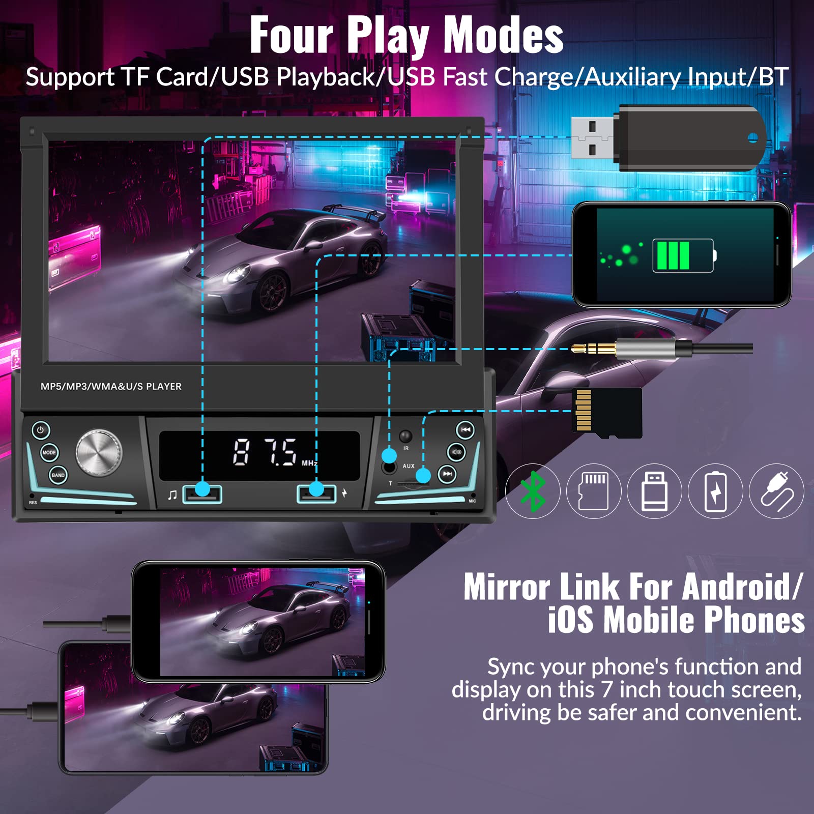 UNITOPSCI Single Din Car Stereo Radio 7 Inch Flip Out Touch Screen Bluetooth Radio FM Car MP5 Player Mirror Link AUX/TF Card Input/Dual USB/Fast Charge SWC EQ with Backup Camera Remote Control Mic