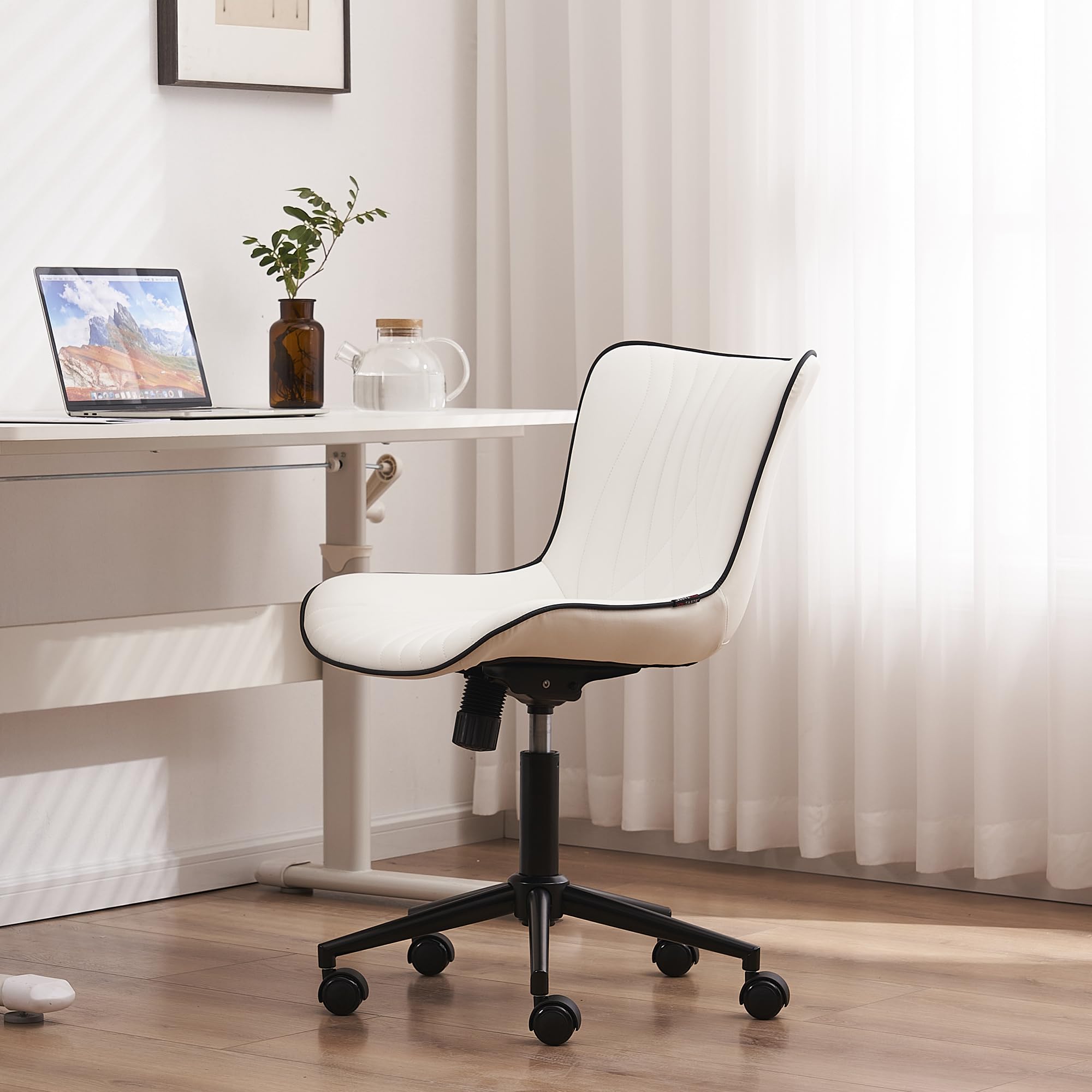 YOUTASTE Office Chair Modern Armless Desk Chair, Height Adjustable Swivel Rocking Computer Task Chair, Faux Leather Sewing Chairs with Wheels, Stylish Lounge Vanity Chair,White