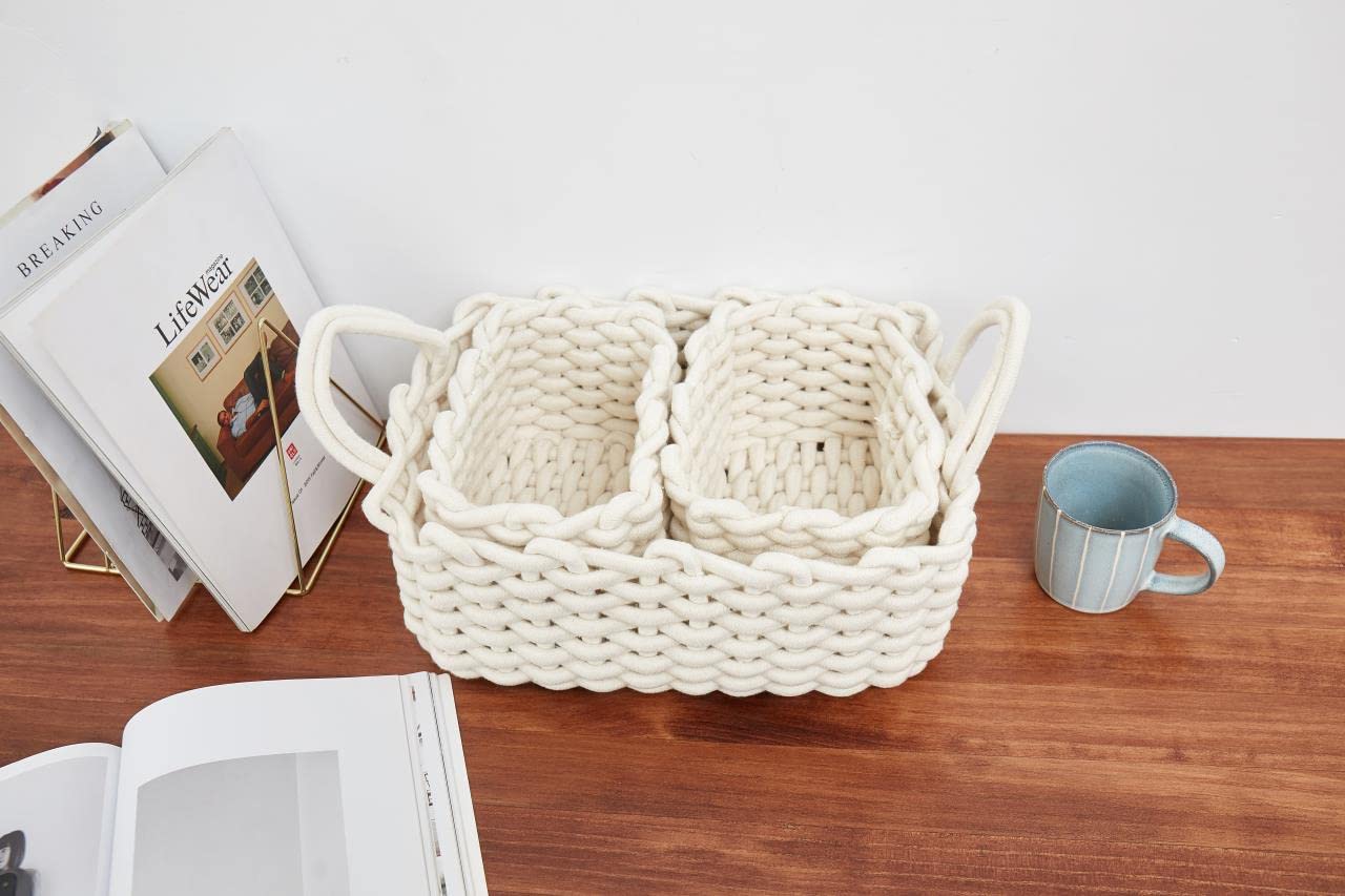Woven Baskets, Set of 3 for Home, Office, Dorm Room, Living Room, Bedroom, Bathroom, Nursery Storage and Organization (WHITE)