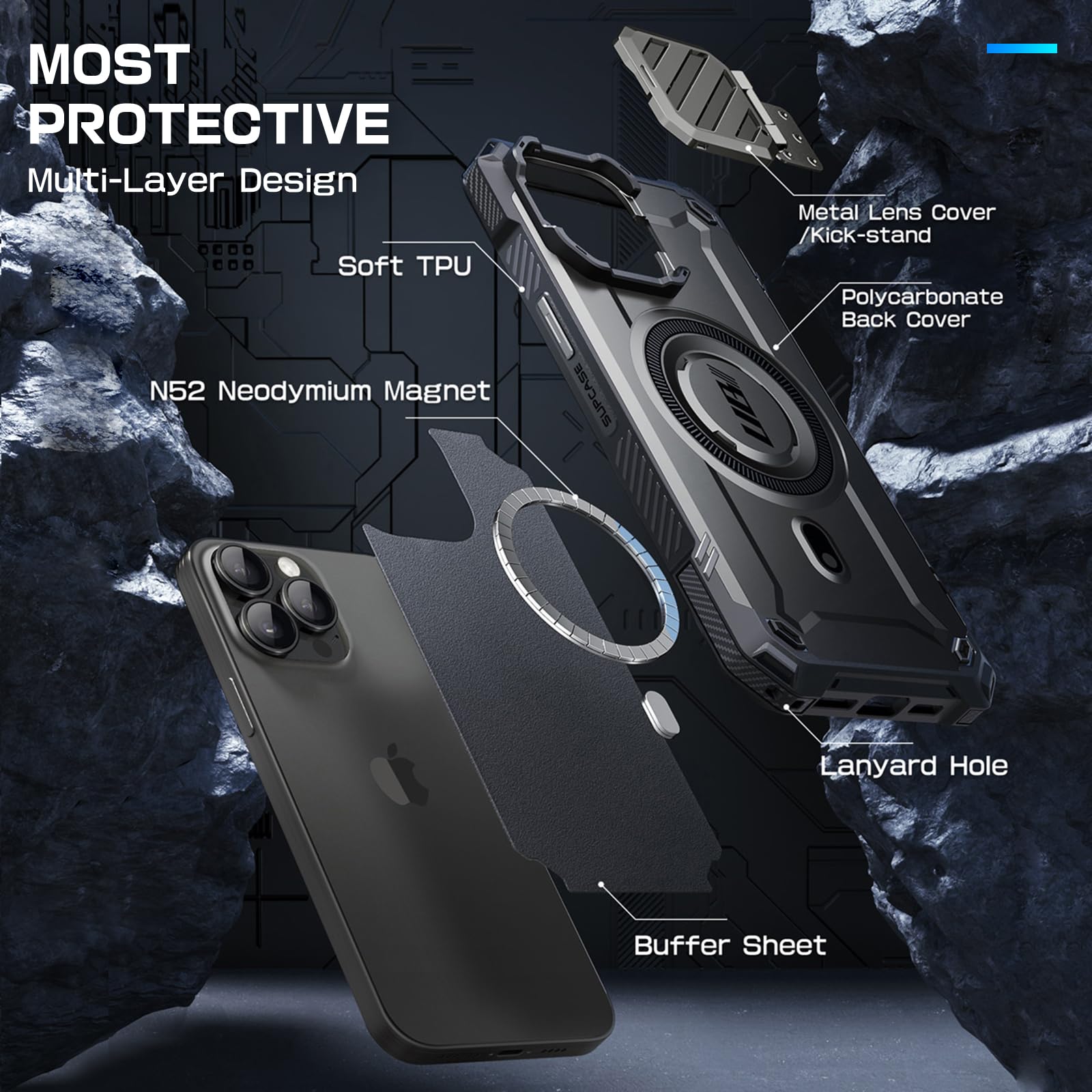SUPCASE for iPhone 15 Pro Max Case with Camera Cover & Stand (UBMag XT) [Compatible with MagSafe] [Built-in Kickstand] [Military-Grade Protection] Heavy Duty Rugged Magnetic Phone Case 6.7", Black