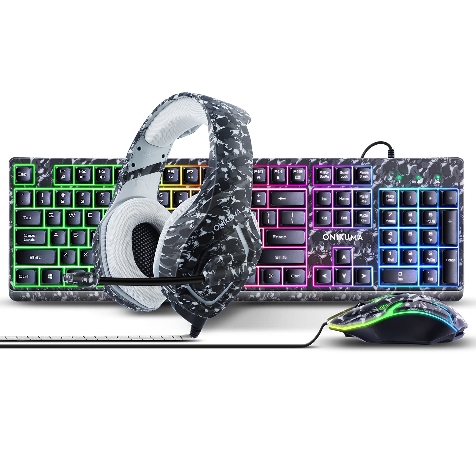 Zhhcyyds K1B Gaming Keyboard and Mouse and Headset Combo, Wired PC Gaming Accessories for PC Setup, Ergonomic Computer Mechanical Keyboard Llight Up Gaming Gifts Set (Camouflage grey)