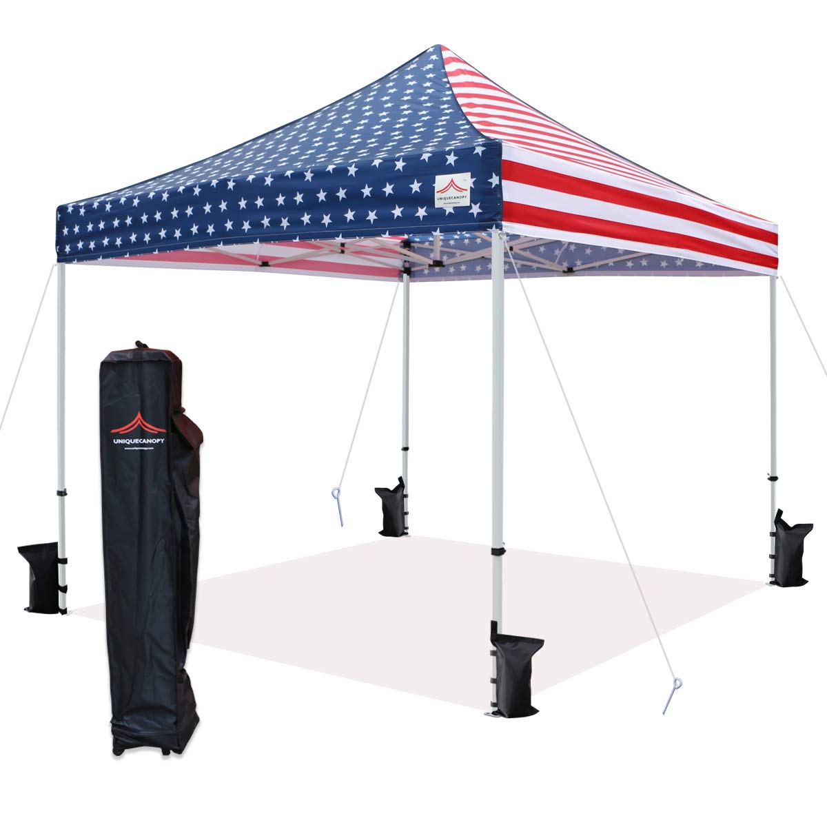 UNIQUECANOPY 10'x10' Pop Up Canopy Tent Commercial Instant Shelter with Heavy Duty Roller Bag, 4 Canopy Sand Bags, 10x10 FT Flag
