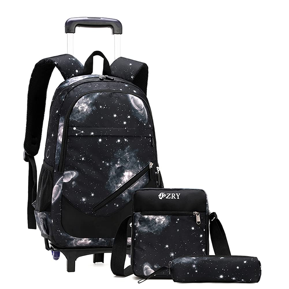 VIDOSCLA 3Pcs Geometric Rolling Backpack,Elementary Students Trolley Bag,Carry-on Primary School Book Bag with Lunch Bag&Pencil Case