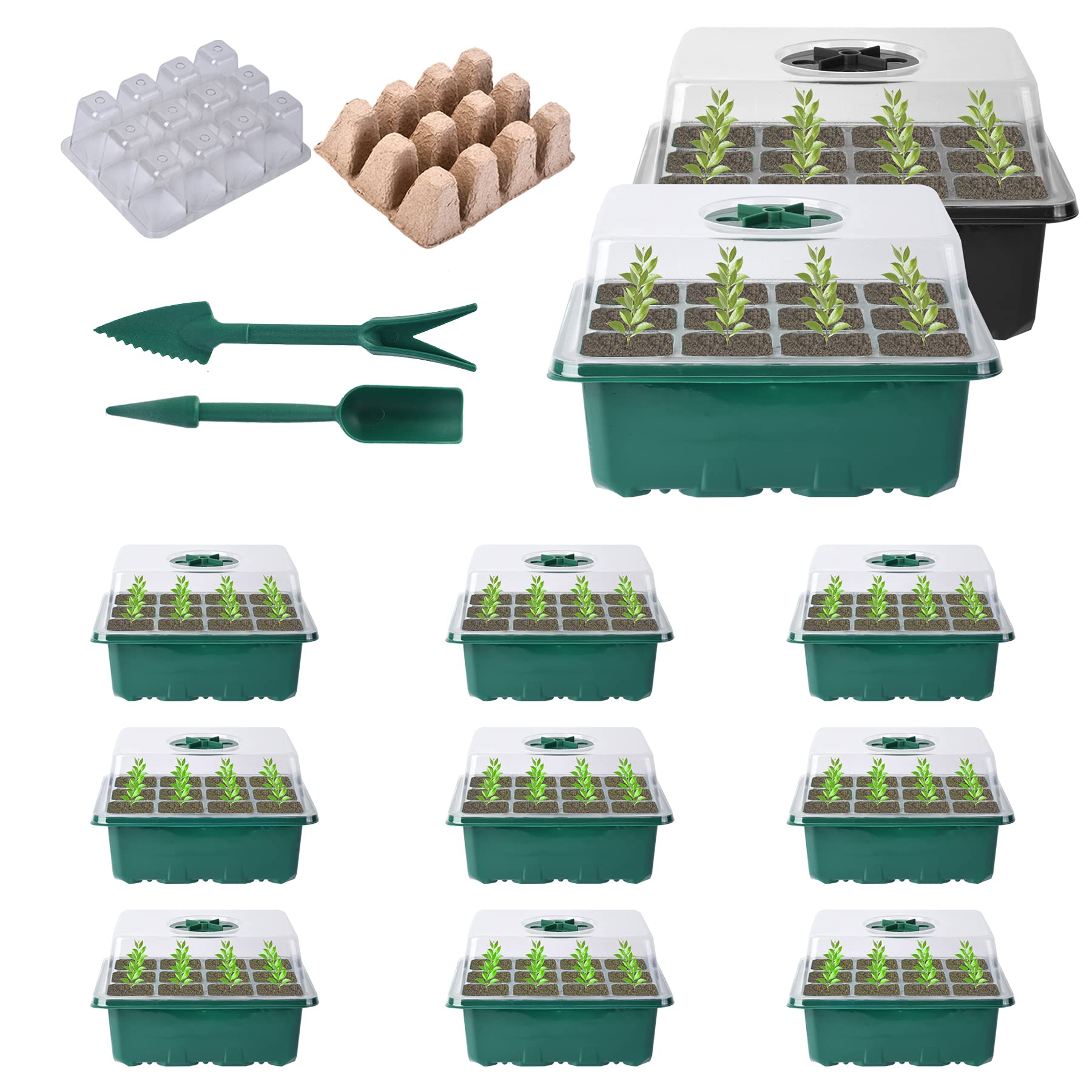 XJOYOTU 10 Packs Seed Starter Tray, Humidity Adjustable Germination Kit with Dome for Seeds Growing Starting, 120 Cells Seedling Starter Trays(5 Pack Black,5 Pack Green)