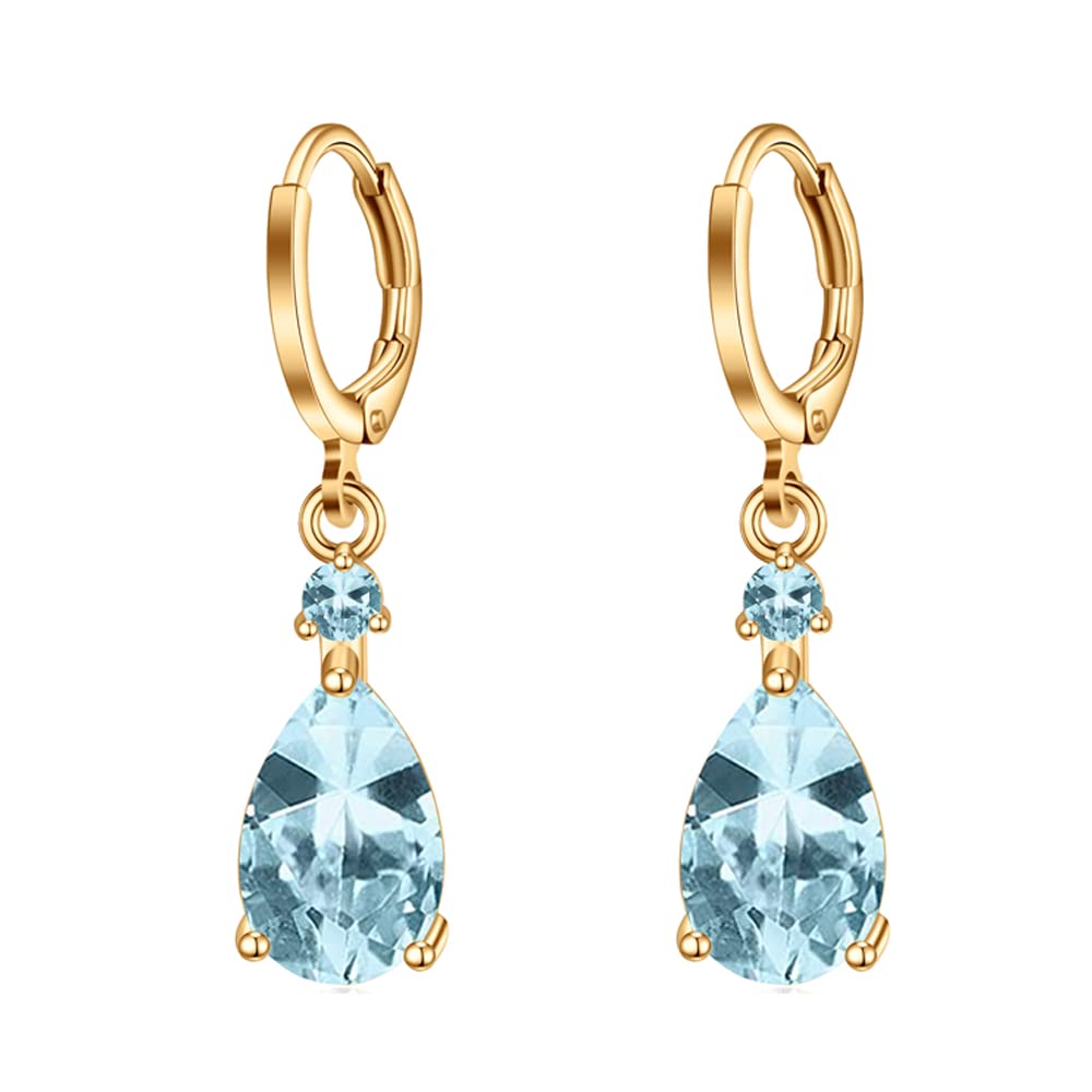 UEUC Birthstone Teardrop Dangle Earrings for Women, 14K Gold Plated Crystal Dangle Hypoallergenic Earring with Leverback(White)