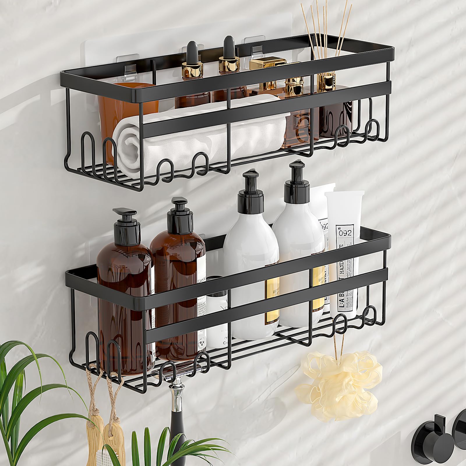 WOWBOX Shower Caddy Shelf Organizer, 2 Pack Adhesive Black Bathroom Accessories, Save Space with Hooks, Toiletries Organization And Storage Stainless No Drilling Shower Shelves