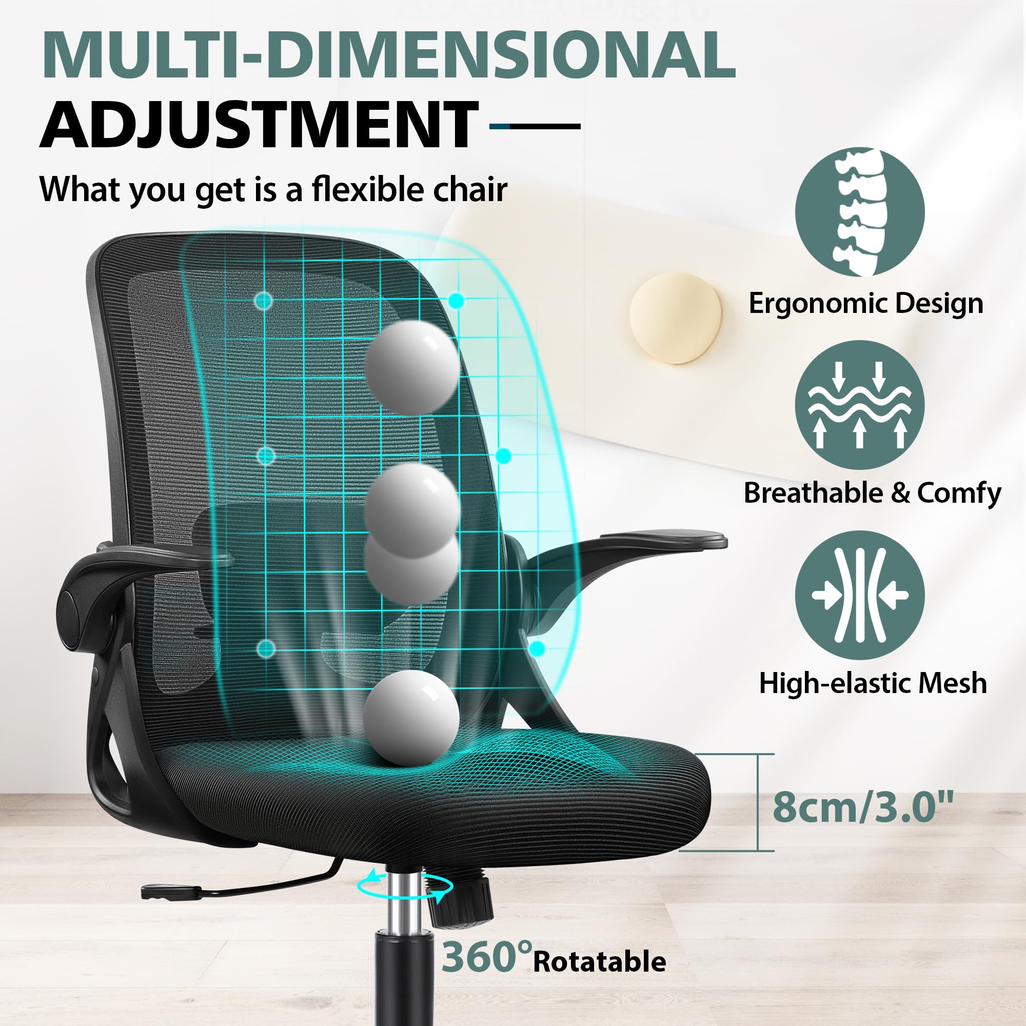 Winrise Office Chair Ergonomic Desk Chairs with Lumbar Support and Flip-up Arms, Comfortable Breathable Mesh Computer Executive Chair with Swivel Task, Adjustable Height 4'', Home - Black