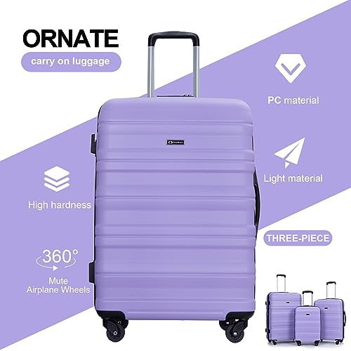 Tripcomp 3 Piece Luggage Sets, PC Lightweight Expandable Suitcase with Two Hooks, Spinner Wheels, TSA Lock, Purple (20/24/28)
