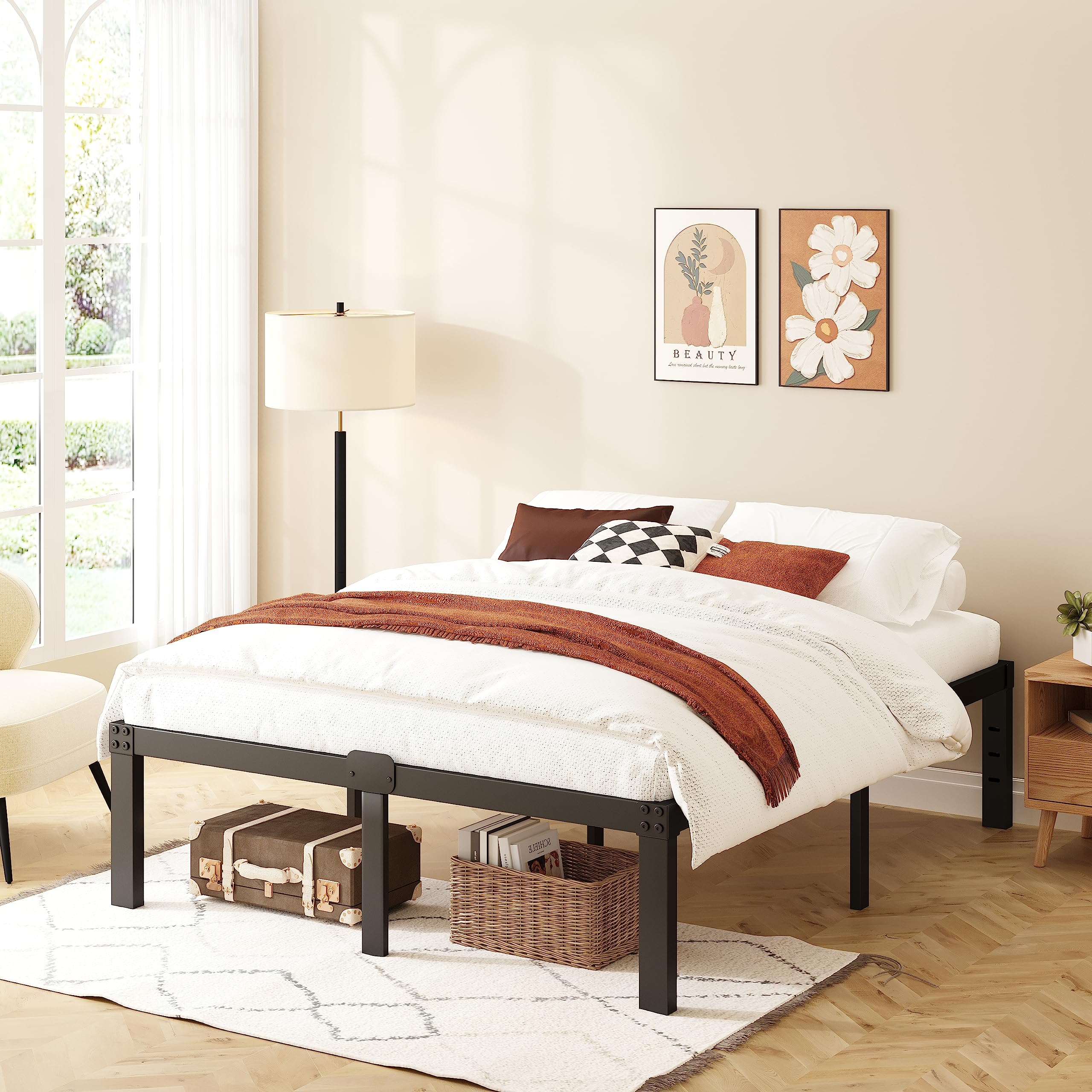 Sosain 14 inch Queen Bed Frame Metal Platform Frame no Box Spring Needed,Black Heavy Duty Sturdy Steel,Easy Assembly,with Storage