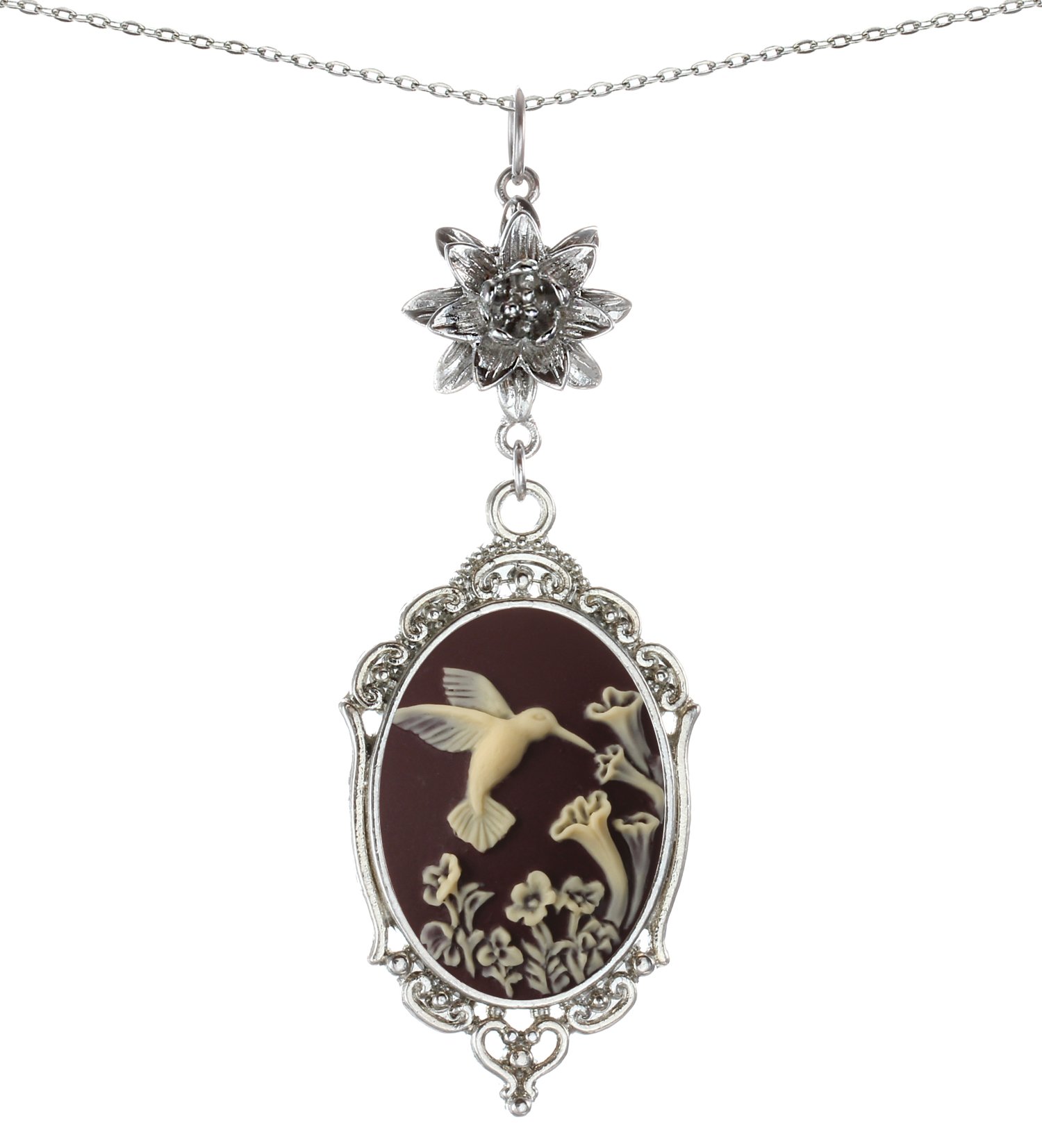 Yspace Lotus Charm Necklace Antique Decor Cameo Pendant 2 Chains Velvet Pouch for Gift (Hummingbird)
