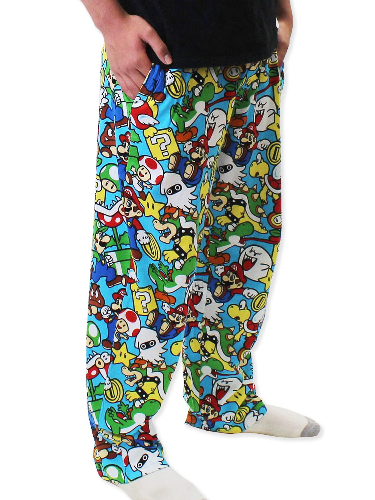 Super Mario Brothers Luigi Bowser Mens Button Fly Cotton Pajama Sleep Pants (Medium, Blue/Multi)