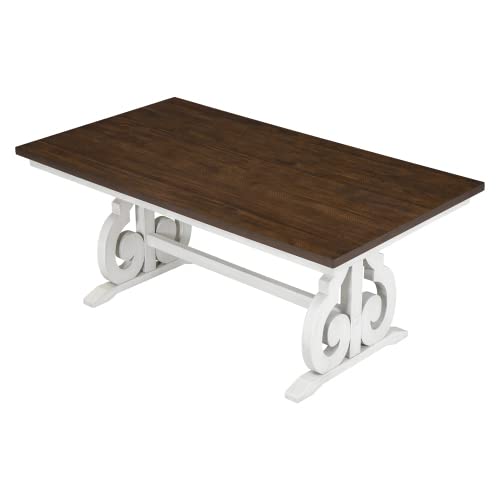 TREXM 6-Piece Wooden Dining Table Set, Farmhouse Rectangular Dining Table, Four Chairs with Exquisitely Designed Hollow Chair Back and Bench for Home Dining Room (Gray+White) (Brown+White)