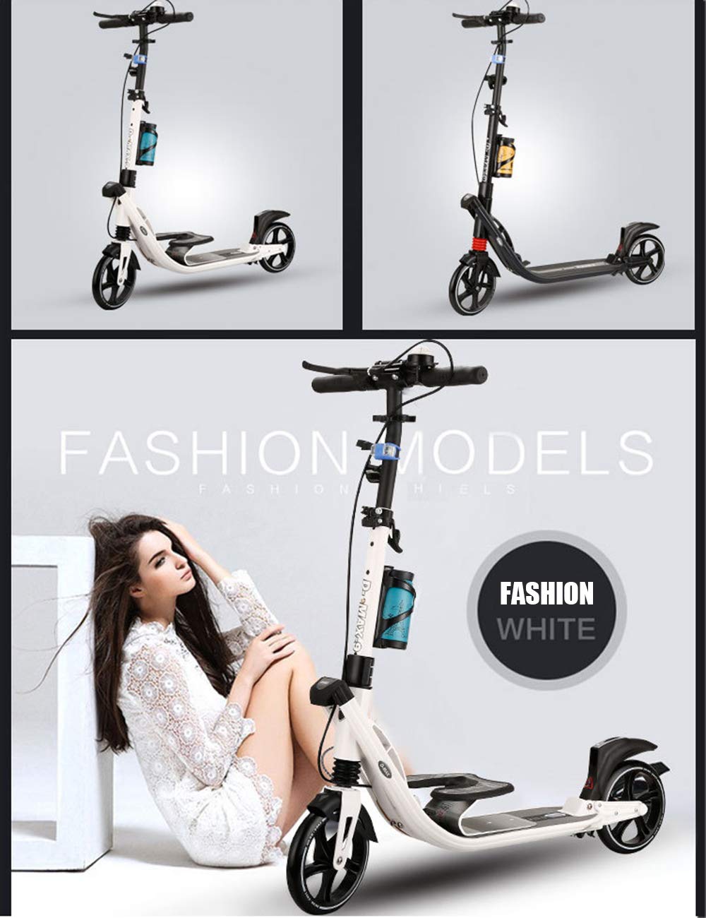 WRRAC-Trampolines Sport Pro Scooter Stunt Kick Scooters with Brake and Suspension Light Frame Big 200mm Wheel Durable Push Scooter for Adults, Kids and Teens, White