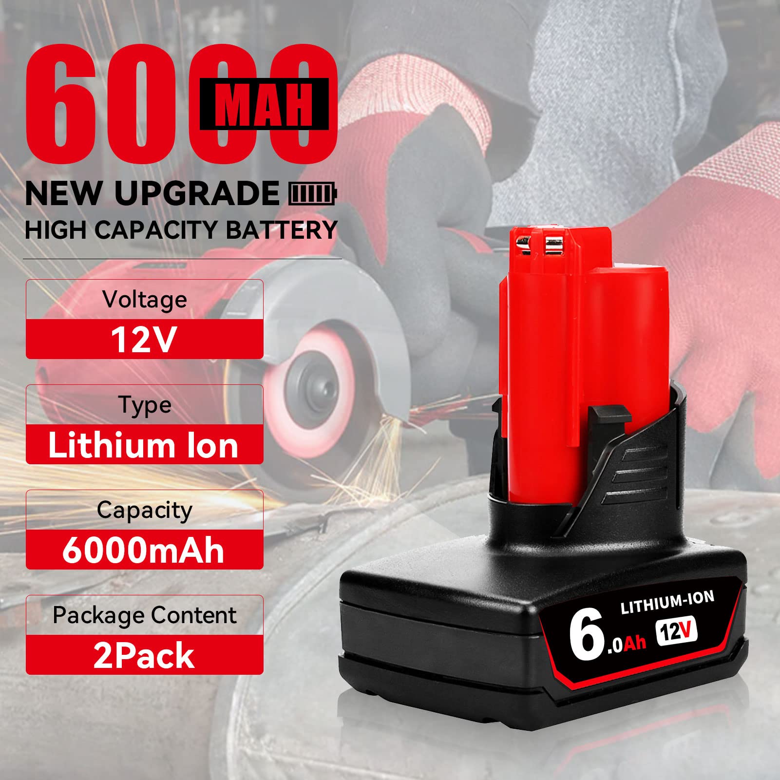 VINIDA 2Packs 12V 6.0Ah Lithium Replacement for Milwaukee M 12 Battery 48-11-2411 48-11-2420 48-11-2401 48-11-2402 48-11-2440 Compatible with Milwaukee Battery 12V Cordless Power Tools