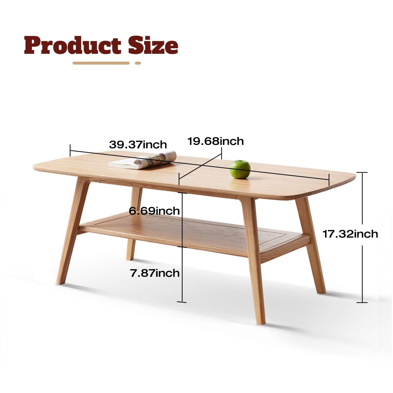 Vadisun 2-Tier Coffee Table with Storage Shelf, Natural Color 100% Solid Wood Table for Living Room, Elegant Furniture for Small Apartment (Natural, 39.37β x 19.69β x 17.32β)