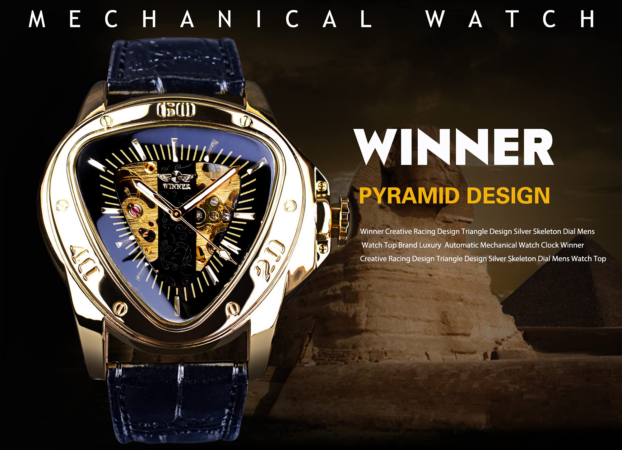 Winner Fashion Mechanical Wrist Watch Triangle Racing Dial, Waterproof Golden Skeleton Dial Automatic Movement Leather Design Mechanical Watch for Men