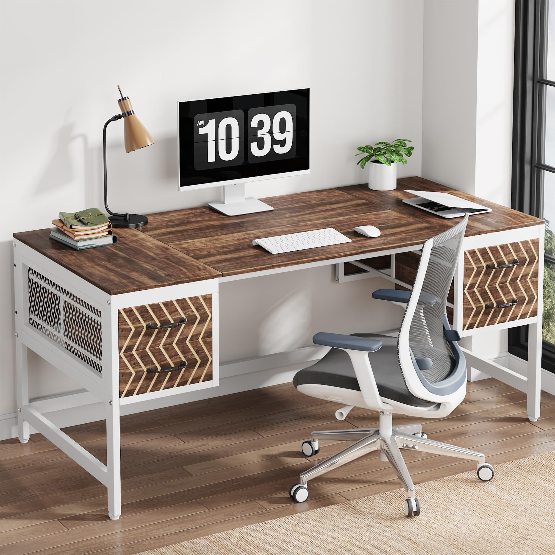 Tribesigns Computer Executive Desk with Drawers: Wood 63" Computer Desk with 4 Storage Drawers, Farmhouse Study Writing Table, Herringbone Business Furniture for Home Office, Brown and White