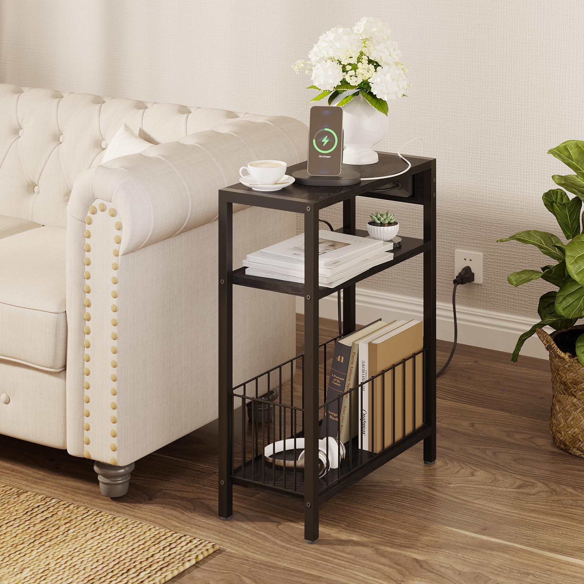TRIFEBLE End Table with Charging Station, Narrow Side Table with Storage Shelf, Modern Sofa Table for Small Spaces, 3 Tier Nightstand with Steel Wire Basket for Living Room, Bedroom, Rustic Brown
