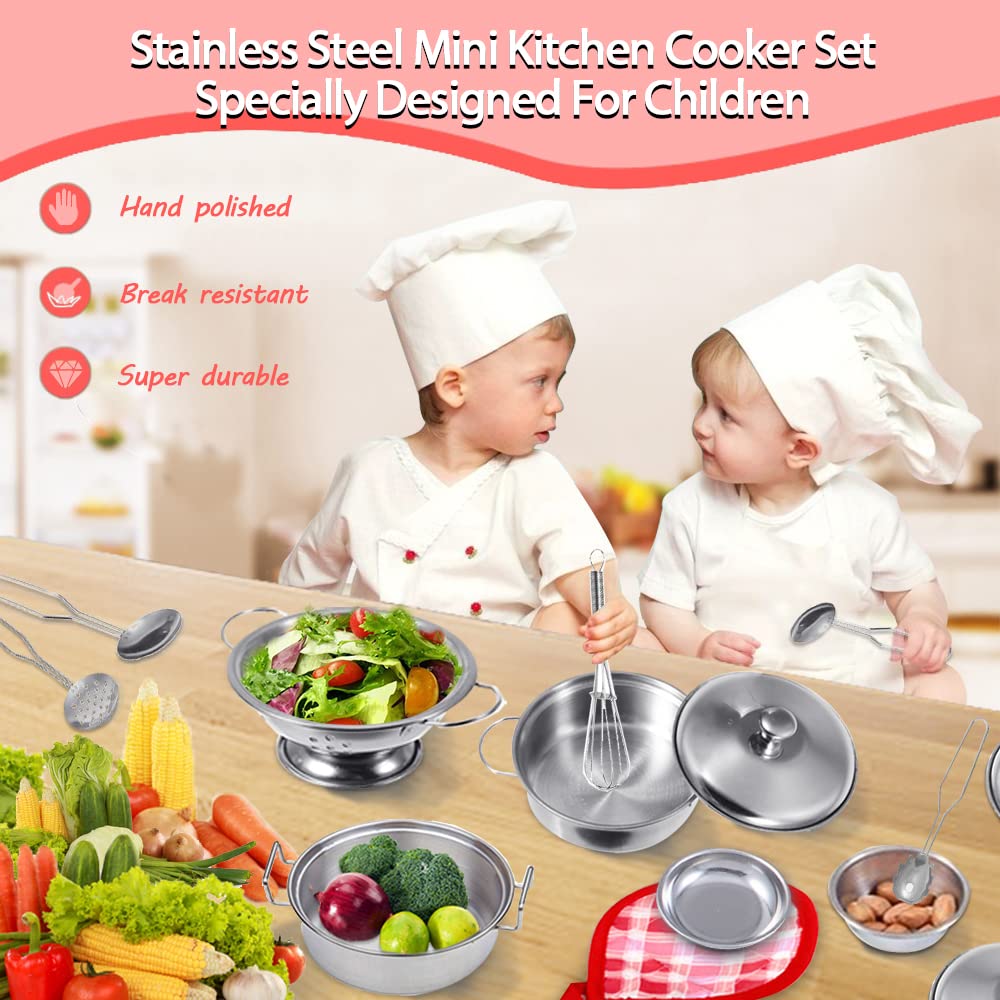Tiny Size Cooking Pretend Play Kitchen Cooking Toys with Stainless Steel Cookware Play Pots and Pans Set,Cooking Utensils Cookware Kitchen Play Accessories Toys Cooking Pots for Toddlers Kids(Mini)