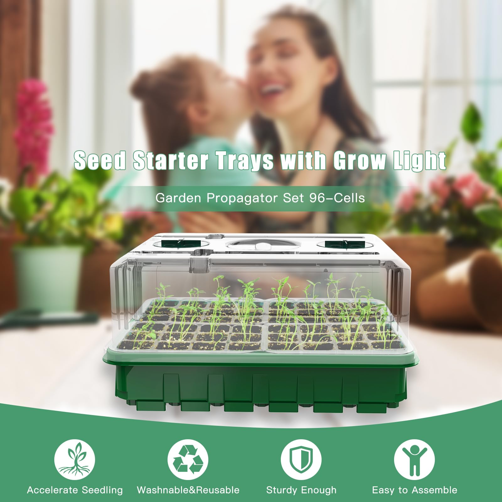 ZMHOO 2PCs Seed Starter Trays with Humidity Domes 96 Cells Seedling Starter Kit with Adjustable Grow Light Plant Starter Kit&Base with 2 Garden Tools&20 Plant Labels Mini Greenhouse Germination