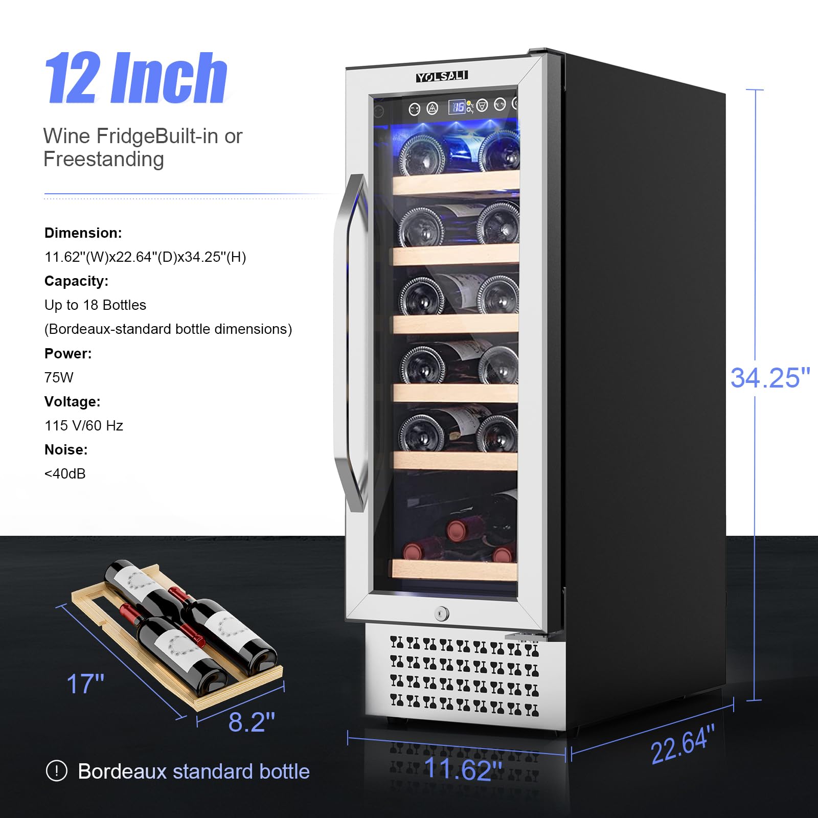 Yolsali 12 Inch Wine Cooler Refrigerators, Wine refrigerator, 18 Bottle Fast Cooling Low Noise and No Fog Wine Fridge, Digital Temperature Control Screen Built-in Freestanding