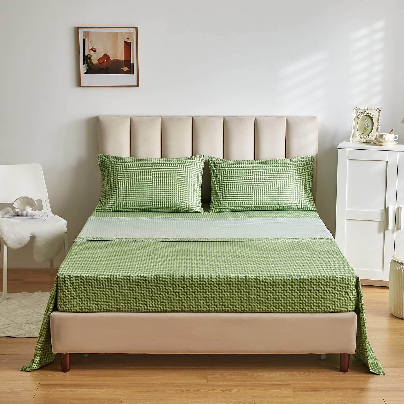 UOZZI BEDDING Rhombus Comforter Sheet Set 7 Pieces Bed in a Bag White Green Yellow Diamond King Size (1 Comforter 2 Pillow Shams 1 Flat Sheet 1 Fitted Sheet 2 Pillowcases)