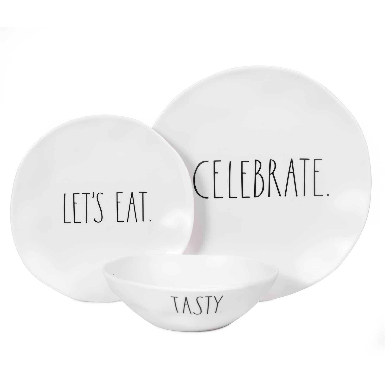 Yummost Melamine Dinnerware Sets, Plates and Bowls Set for 4, Perfect for Indoor and Outdoor Dining Party, Dishwasher Safe, LET'S EAT Word Print