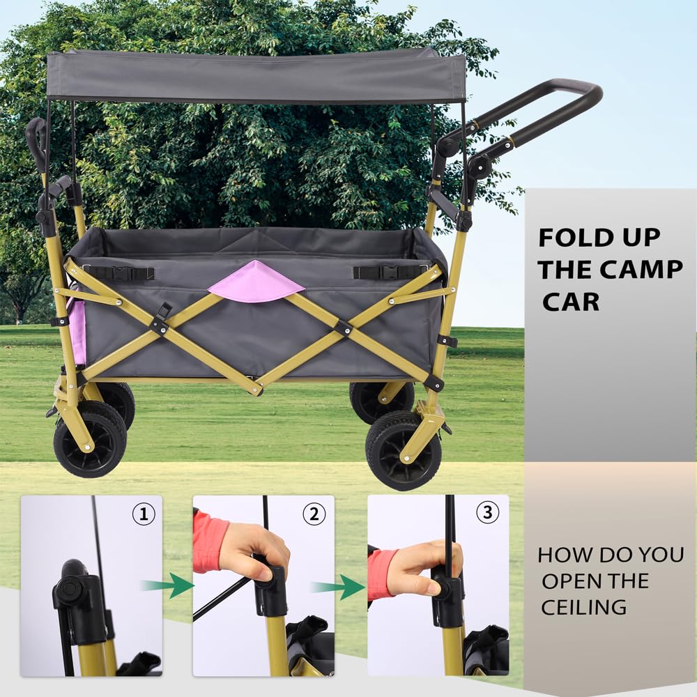 Yone jx je Collapsible Canopy Wagon - Heavy Duty Utility Outdoor Garden Cart, Push & Pull Utility Folding Wagon with Removable Canopy for Shopping, Picnic, Camping, Sports