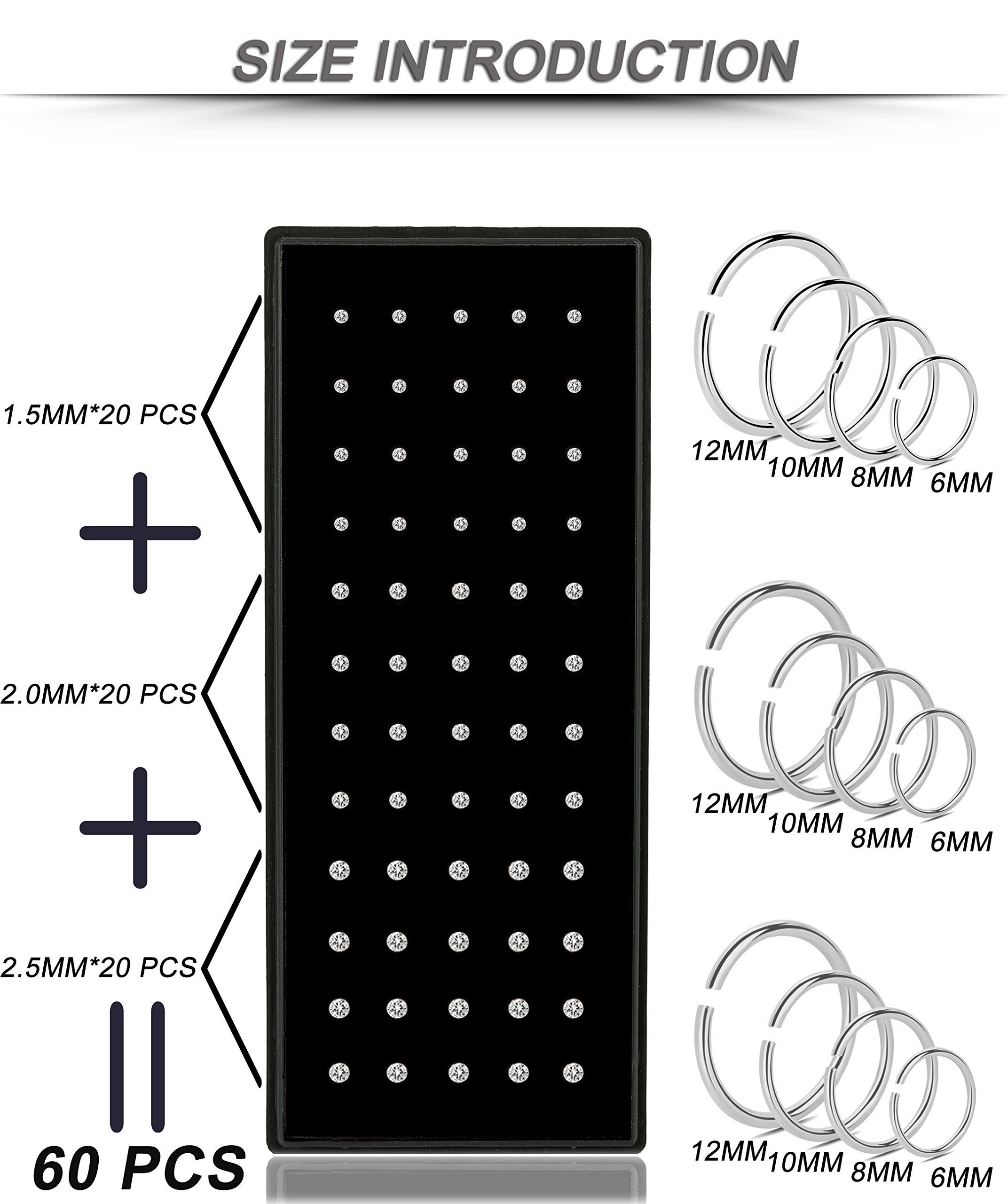 YOVORO 22G 72PCS 316L Stainless Steel Nose Studs Rings Cartilage Hoop Ear Piercing Body Jewelry 1.5MM 2MM 2.5MM W