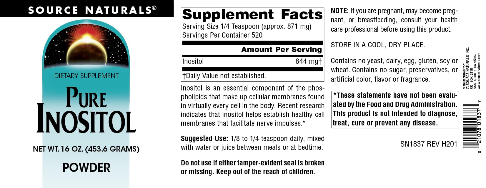 Source Naturals Pure Inositol, Dietary Supplement - 16 oz POWDER