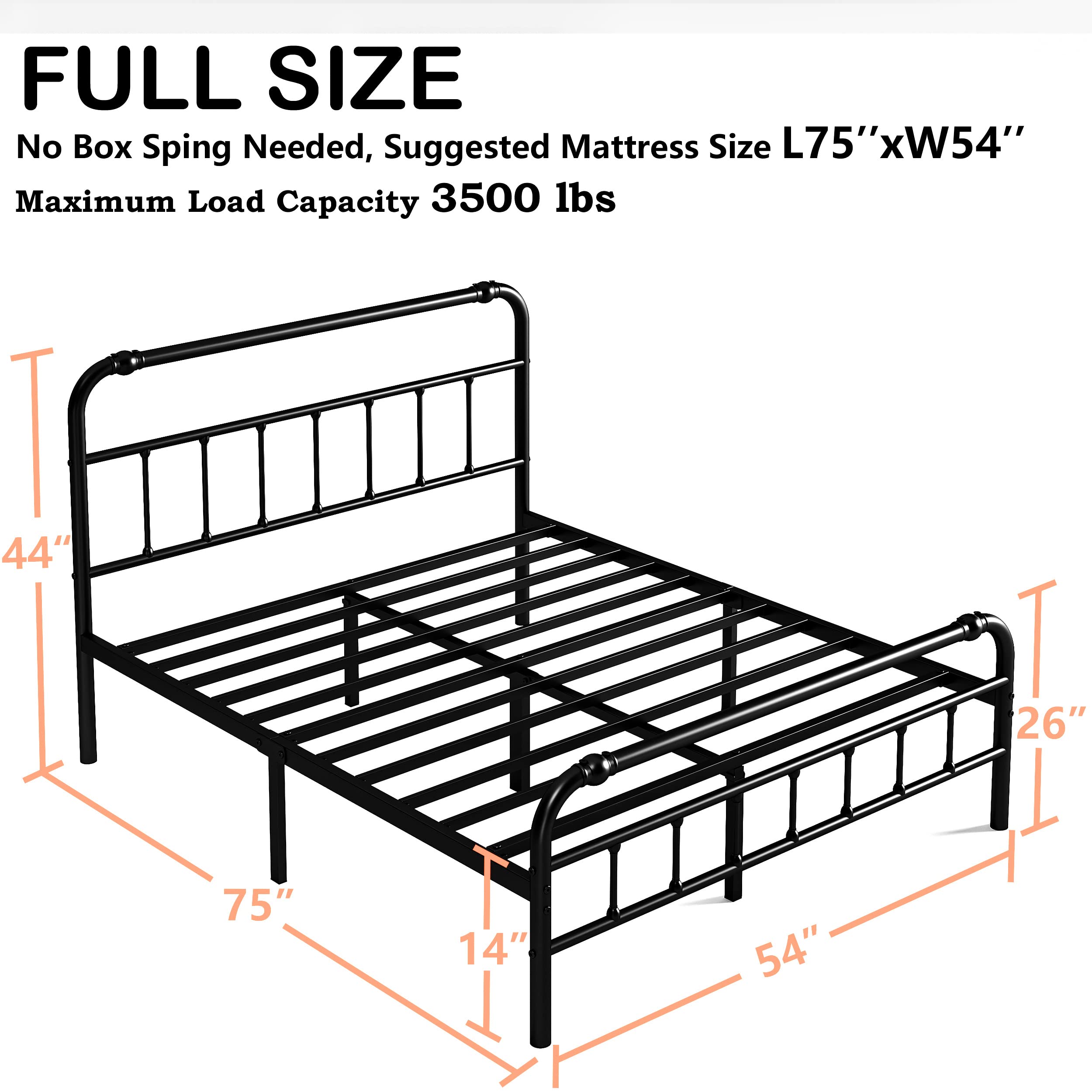 ZIYOO Queen Bed Frame with Headboard and Footboard, 14 Inch High, Heavy Duty Steel Slats Up to 3500lbs Support, No Box Spring Needed, Easy Assembly, Noise-Free Platform-Black