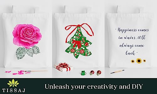 Tissaj 4 Pack GOTS Certified 100% Organic Cotton Shopping Cloth Bag - Reusable - Tote Bag - 16"x15" & 27" Handle - Groceries, DIY & Gift - White
