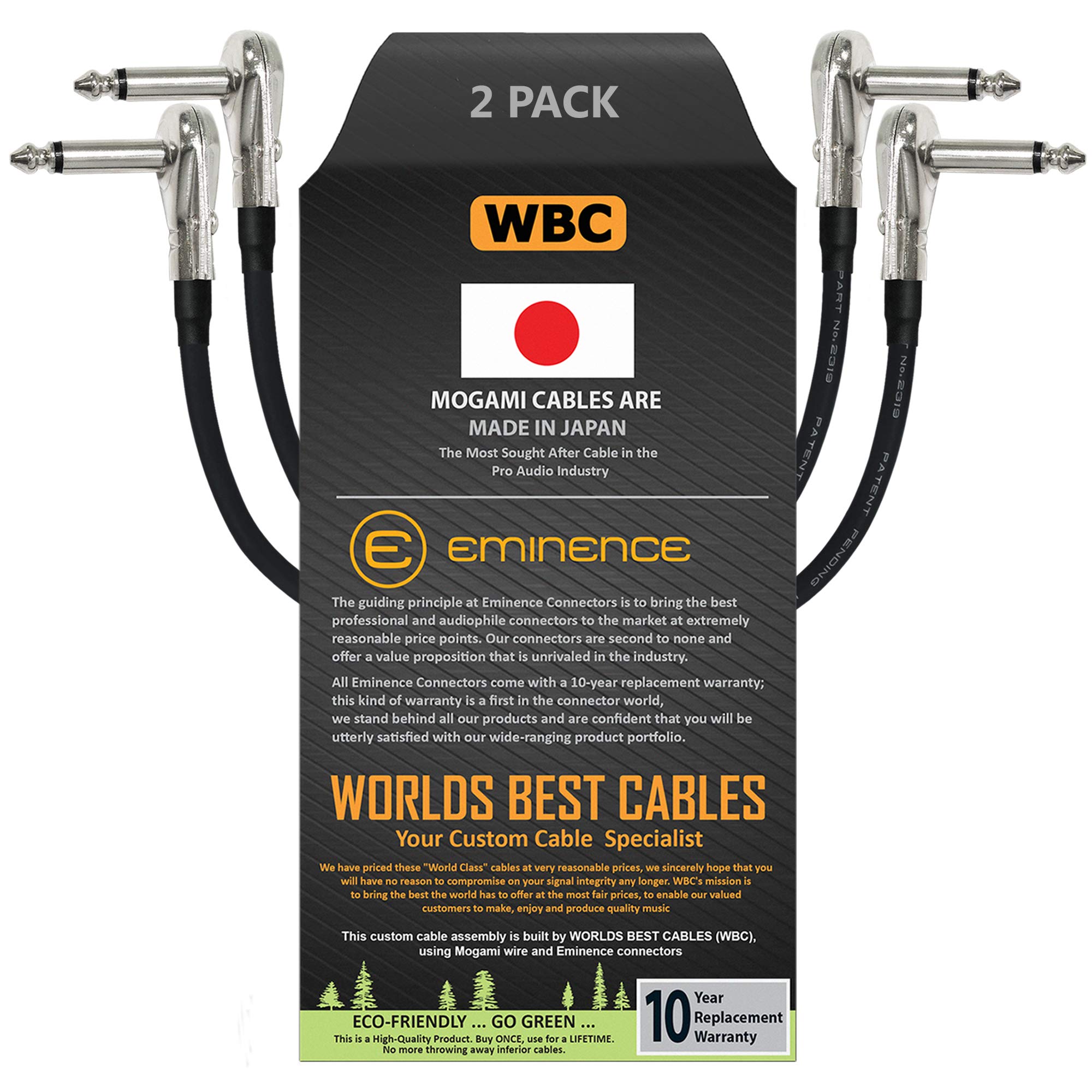 WORLDS BEST CABLES 2 Units - 8 Inch - Pedal, Effects, Patch, instrument cable CUSTOM MADE made using Mogami 2319 wire and Eminence Nickel Plated ¼ inch (6.35mm) R/A Pancake type Connectors