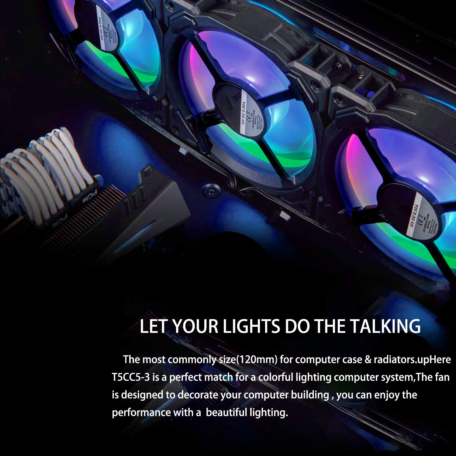 upHere 120mm 3-Pin Quiet Edition Rainbow LED Effect Case Fan for Computer Cooling,3-Pack,T3CF3-3