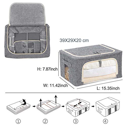 WUPYE Storage Bins, Foldable Storage Box with Metal Frame, Stackable Closet Organizer with Sturdy Fabric, 2 Doors 2 Windows and 2 Zippers Wardrobe Storage Containers