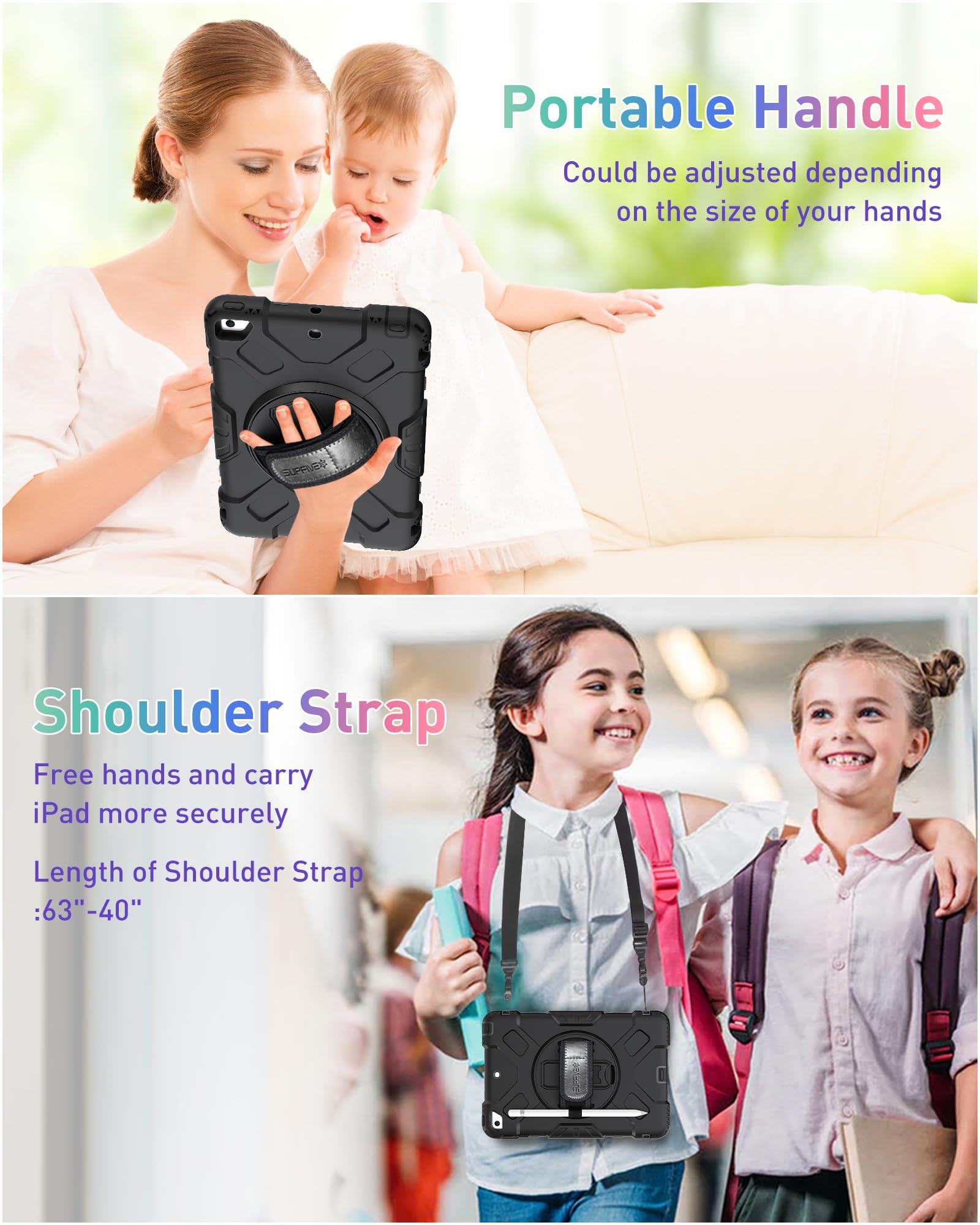 SUPFIVES Case for iPad Mini 5 2019, iPad Mini 4 Case for Kids Military Grade Protective Rugged Case with Shoulder Strap + Kickstand + Pencil Holder for iPad Mini 5th/ 4th Generation 7.9 inch- Black