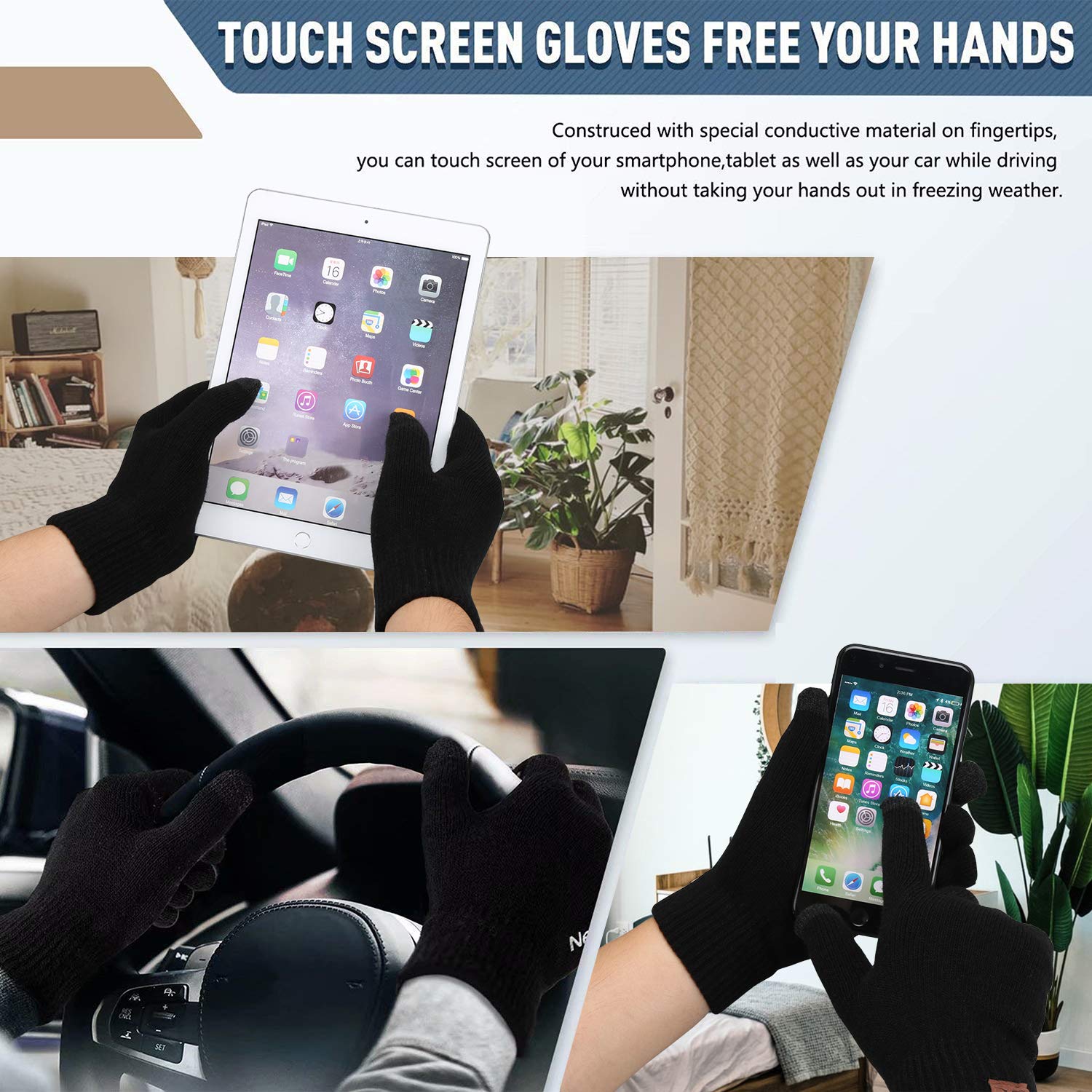 Winter Men Beanie Hat, Scarf, Touch Screen Gloves, 3 Pieces Winter Warm Clothing Set For Men, Black, One Size