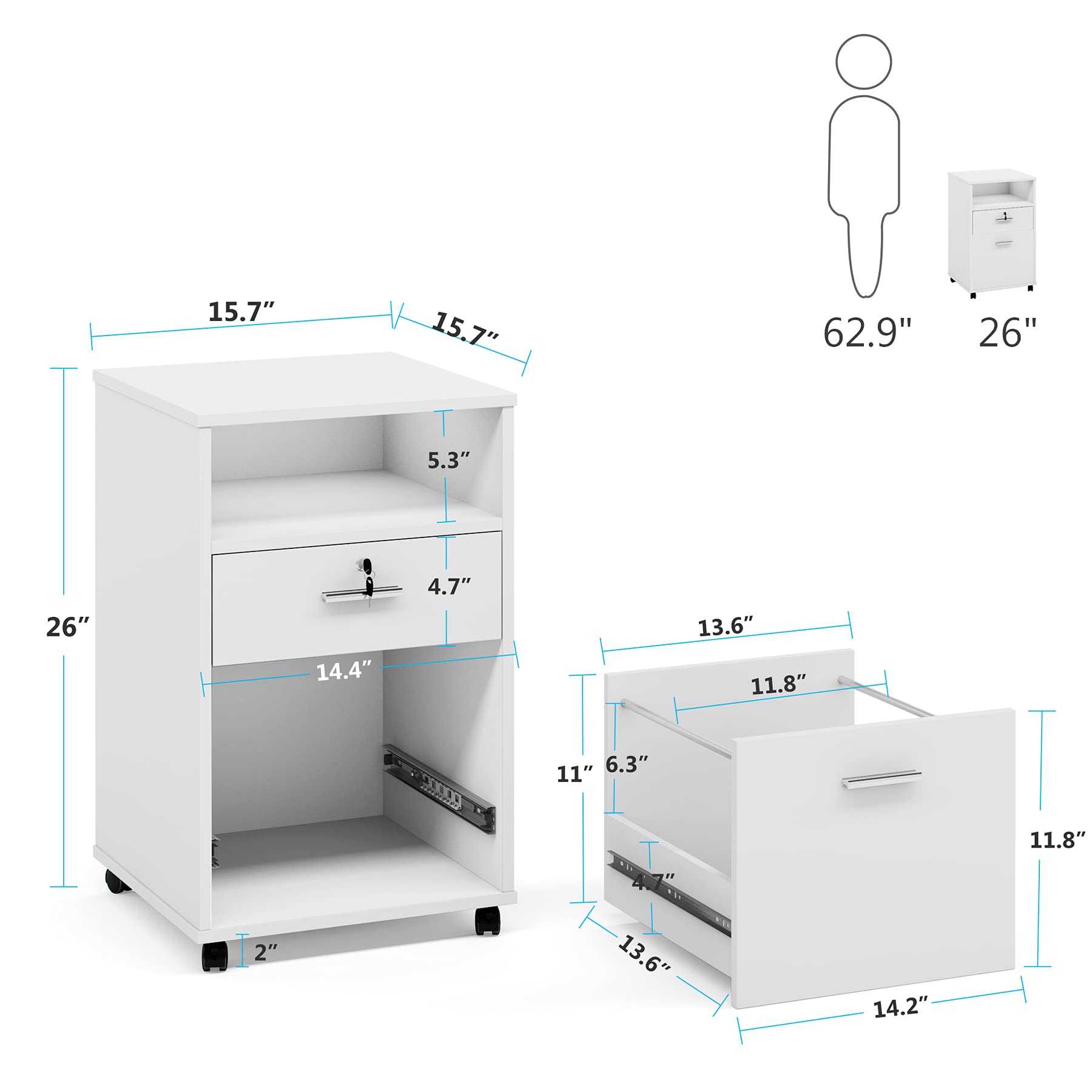 Tribesigns 2 Drawer Mobile File Cabinet with Lock, Wood Modern Filing Cabinet for Letter Size, Printer Stand with Rolling Wheels and Open Storage Shelf (White)