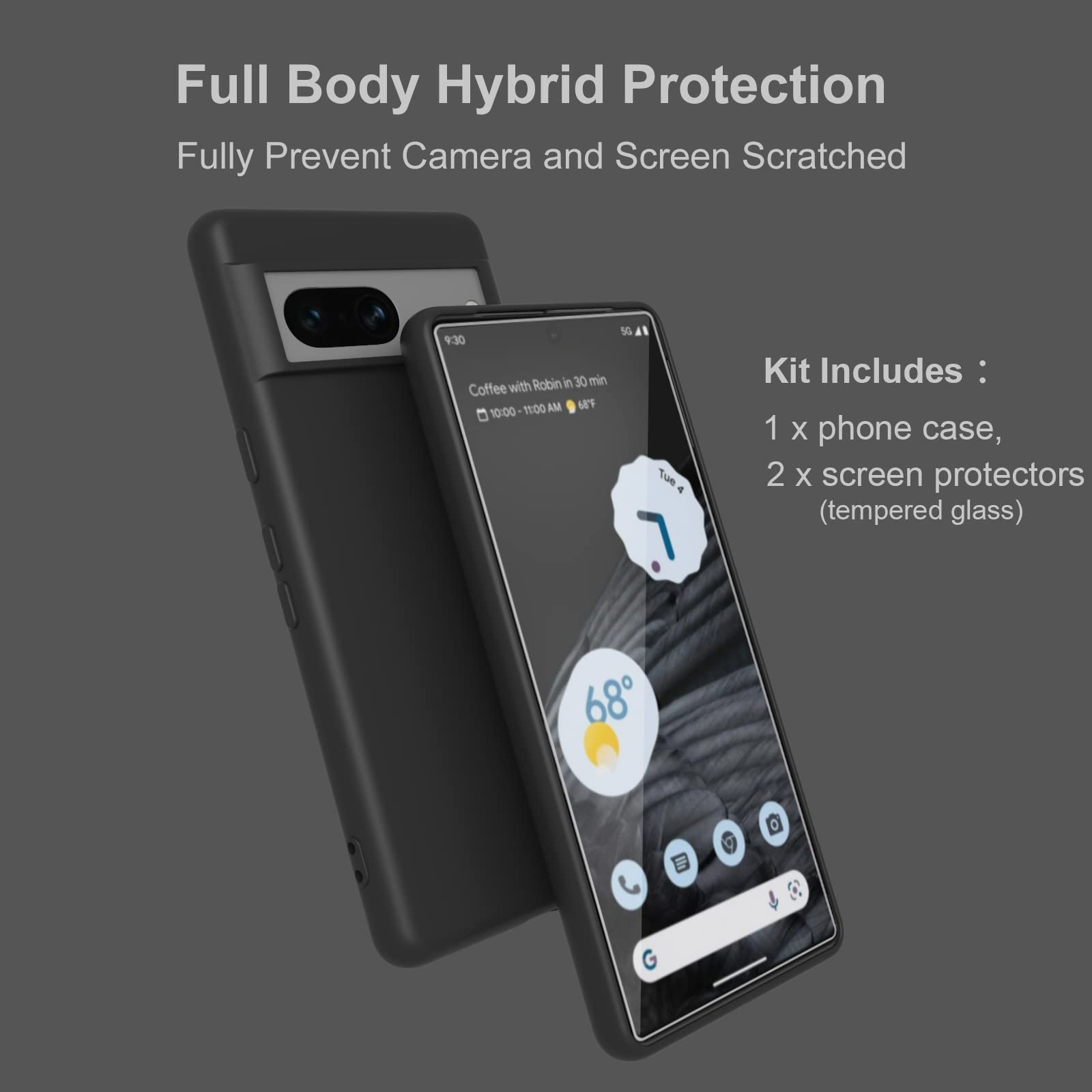 Weycolor for Google Pixel 7 Case,Tempered Glass Screen Protector [2 Pack], Slim Soft Anti-Scratch Microfiber Lining Full-Body Protective Phone Case for Google Pixel 7 （Black）