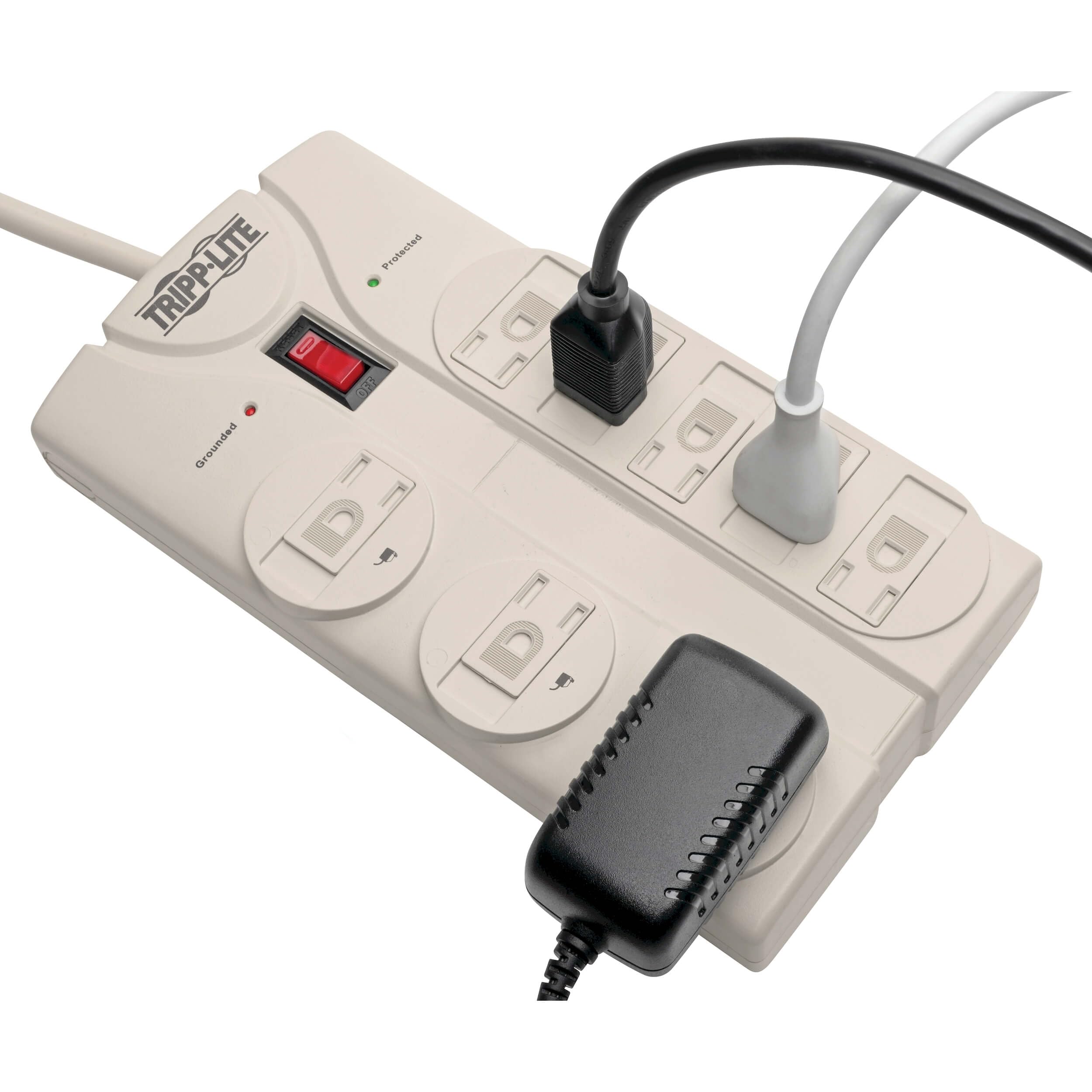 Tripp Lite 8 Outlet Surge Protector Power Strip, 8ft Cord Right Angle Plug, LIFETIME INSURANCE & $75K INSURANCE (TLP808) light gray