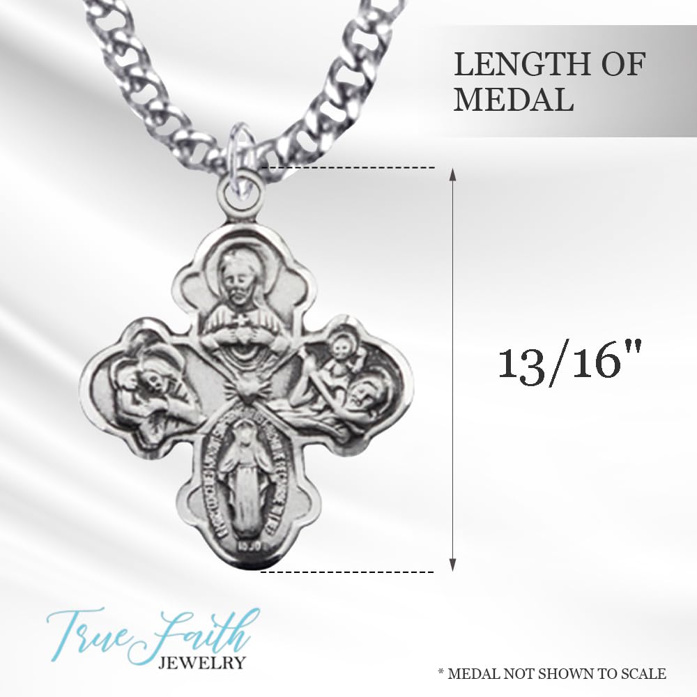 TrueFaithJewelry Sterling Silver 4 Way Medal Cross Pendant Necklace Religious Jewelry, 7/8 Inch