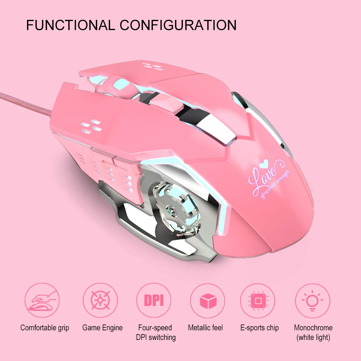 Wired Gaming Mouse, Metal Texture Mechanical Cool Shape,Cool Light Backlit, Four-Speed Optical Engine Switching, Up to 3200DPI,Comfortable Grip Ergonomic Optical USB Gaming Mice (Pink)
