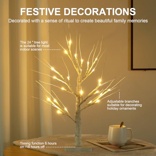 YEAHOME 2FT/24β Birch Tree Light with 24LT Warm White LEDs Battery Powered Timer for Christmas Decorations Indoor, Money Trees for Winter Wedding Desk Table Top Mantel Home Easter Decor