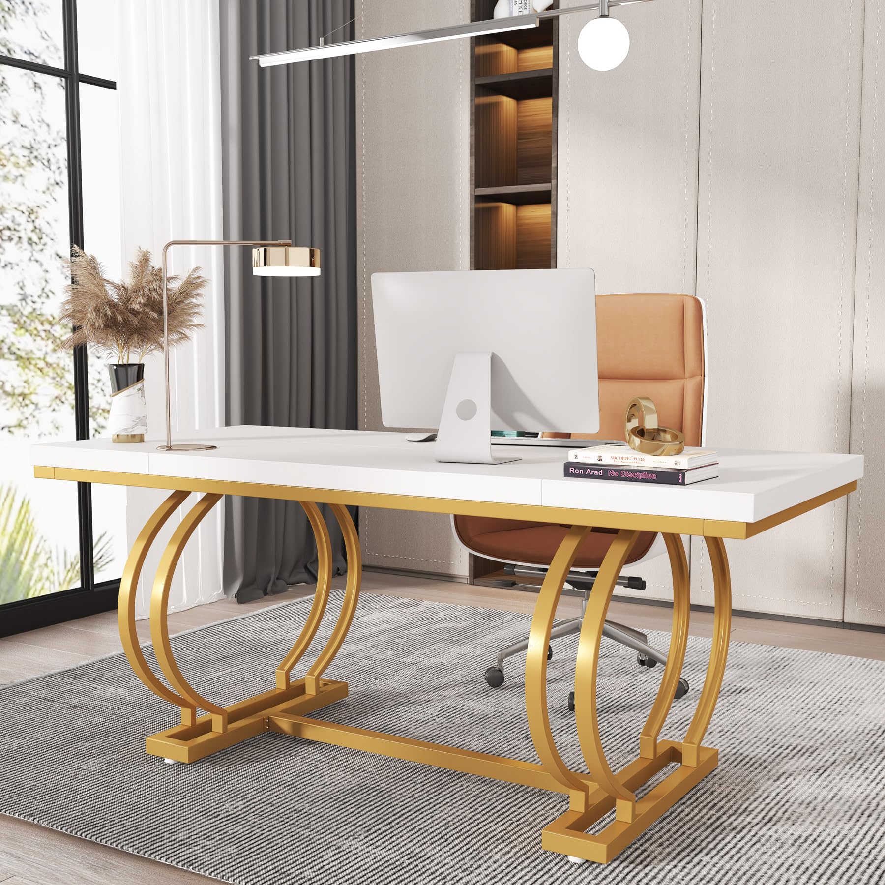 Tribesigns 70.9" Executive Desk, Large Modern Office Desk Computer Desk with Gold Metal Frame, Conference Table Meeting Room Table for Home Office, White and Gold