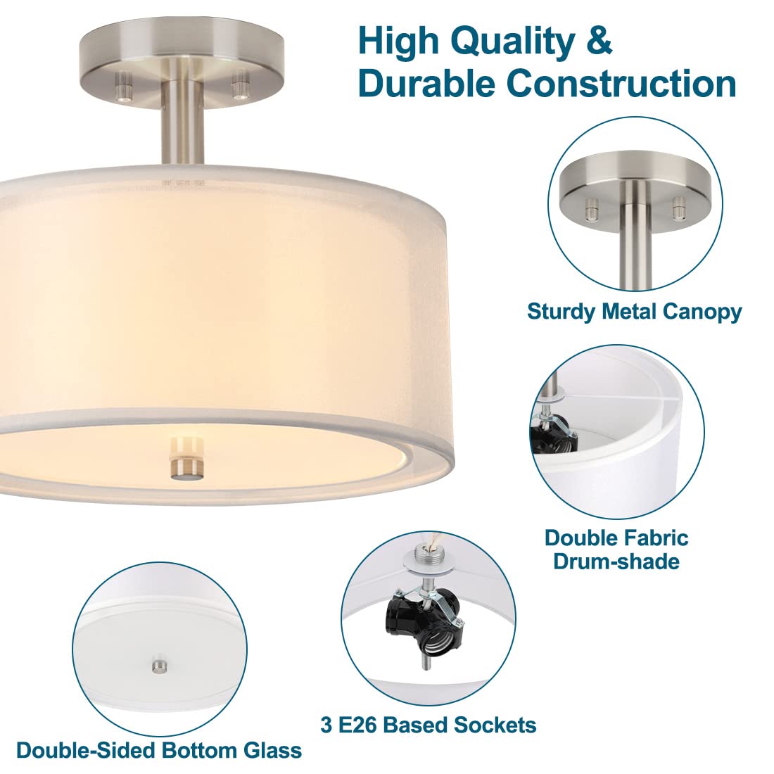 Xbuyee 3-Light Semi Flush Mount Ceiling Light Fixture, 12" Drum Light Fixture with Double Fabric Shade, Modern Close to Ceiling Lamps for Bedroom, Living Room, Dining Room, Kitchen, Hallway