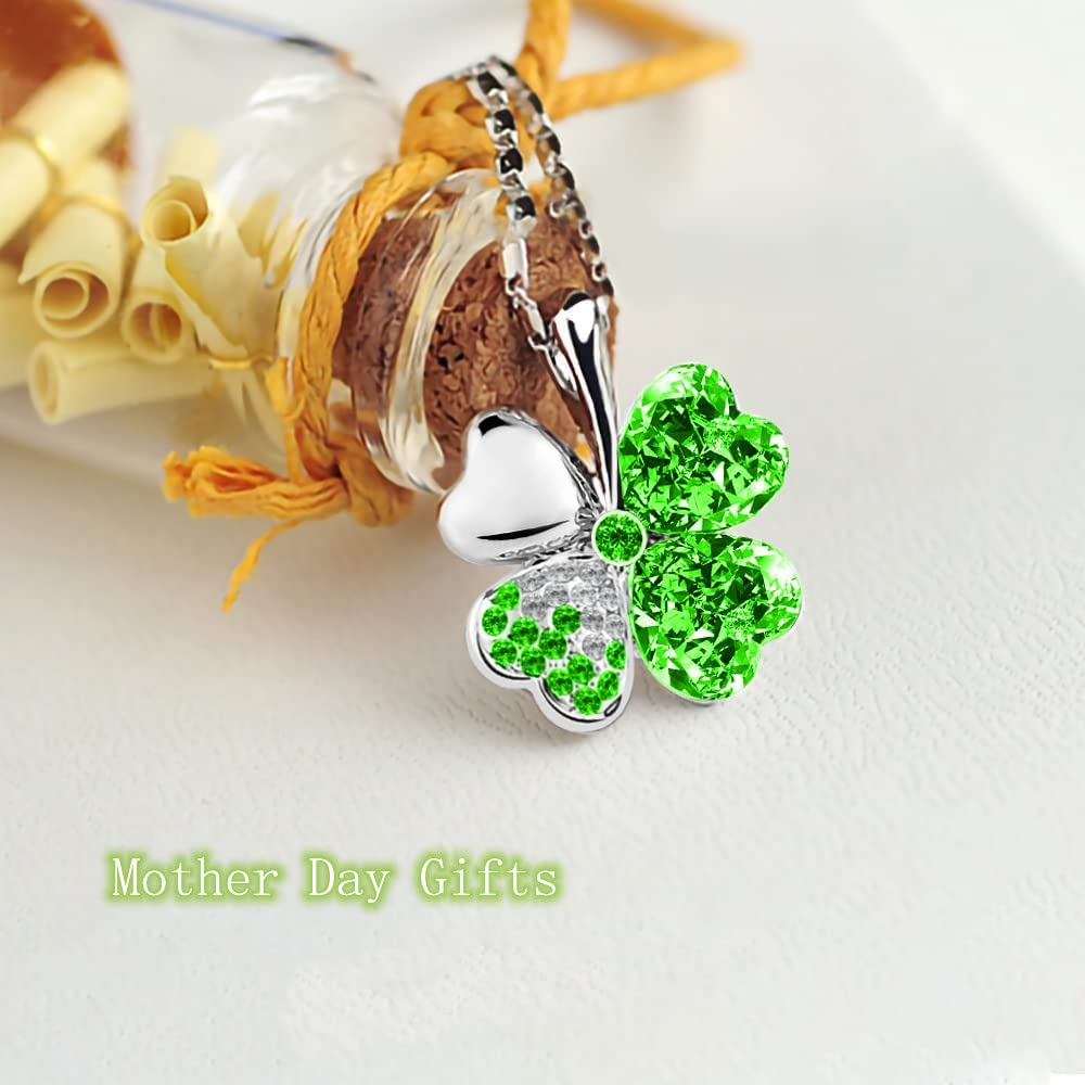 TRUEGOOD Four Leaf Clovers Necklace Crystals,Green Crystal Pendant with Necklace Angel Neckles, 4 Leaf Clover Necklace Eternal love