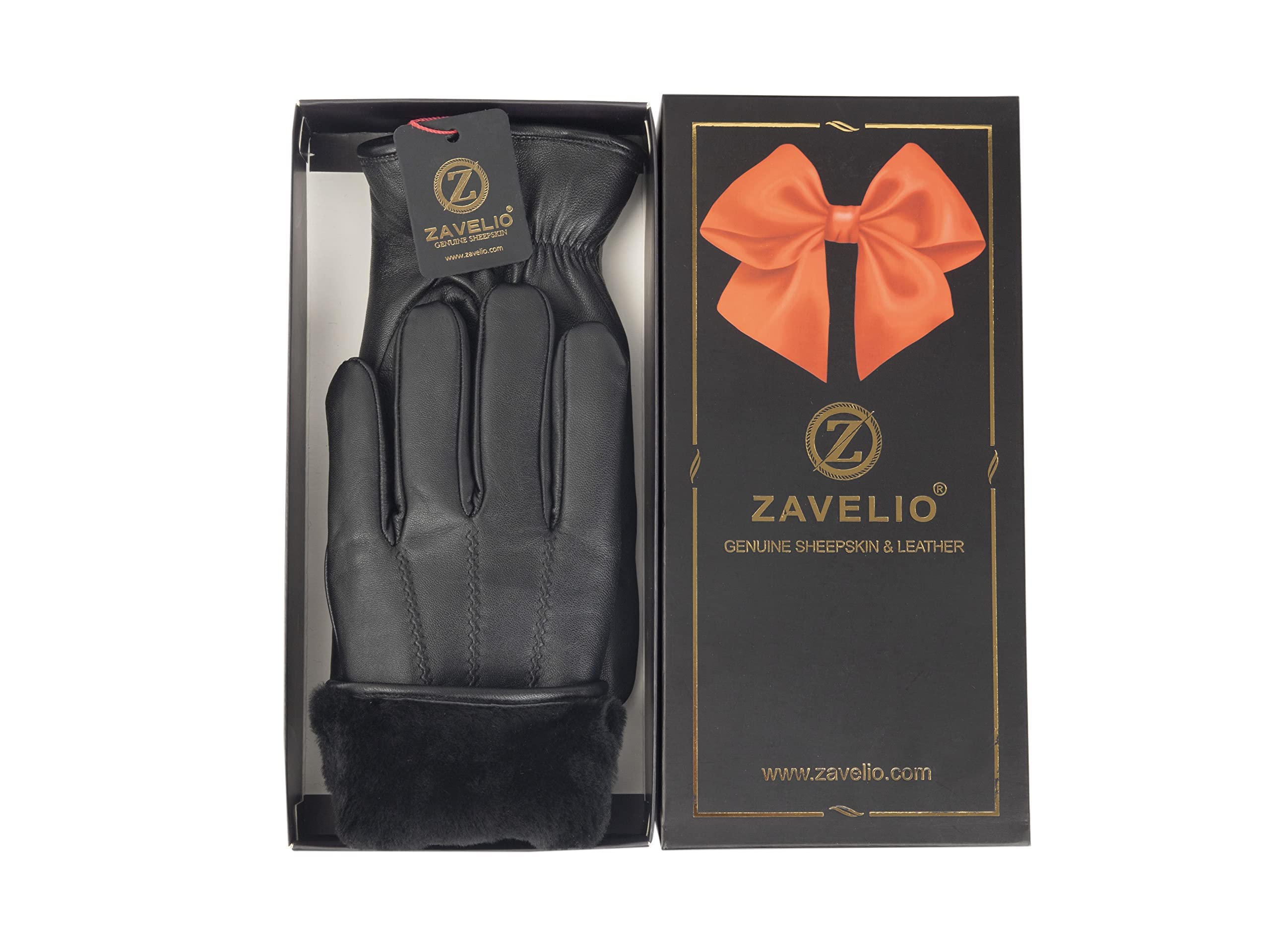 Zavelio Men's Premium Shearling Sheepskin Fur Lined Leather Gloves Black Xlarge