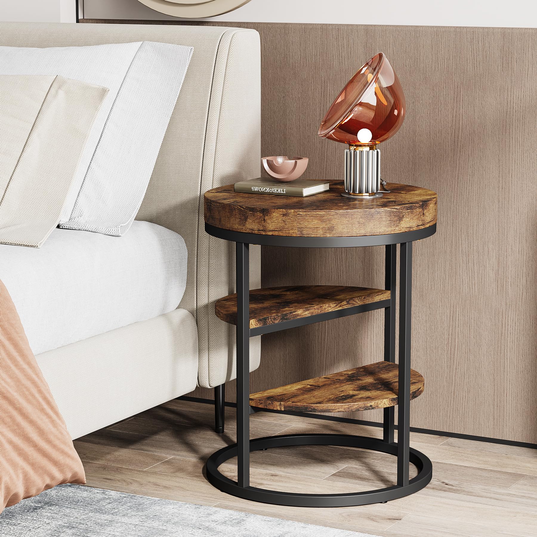 Tribesigns Round End Table, Small End Table with 3 Storage Shelves, Wood Side Table for Small Spaces, Industrial Sofa Side Table for Living Room, Rustic Brown Nightstand and Bedside Table for Bedroom