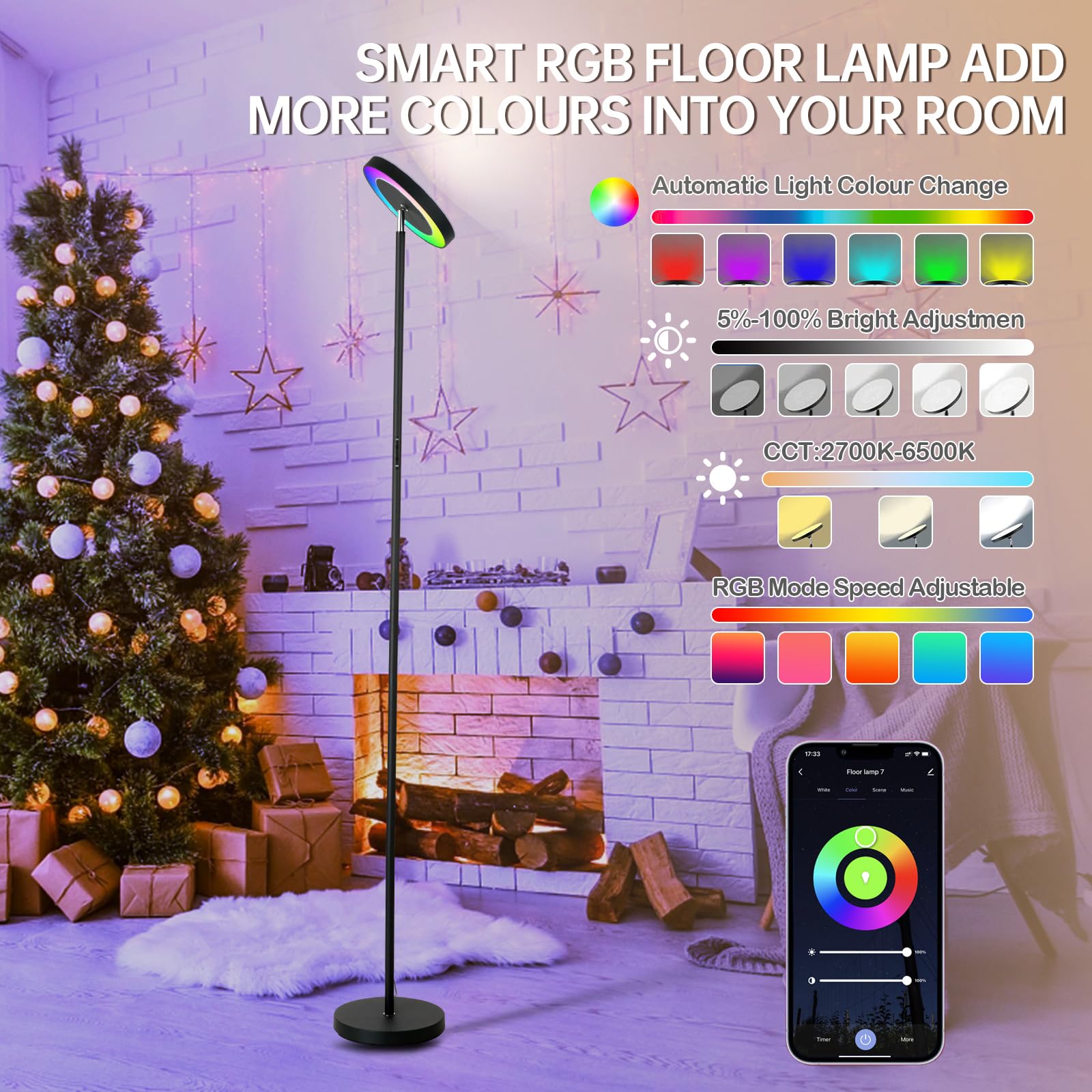 YOPSTAR Double-Sided LED Floor Lamp, Dimmable Bright Modern Tall Standing RGB Lamp, 4 Color Temperatures Torchiere Sky Lamp with Remote Smart App & Touch Control for Living Room, Bedroom, Office
