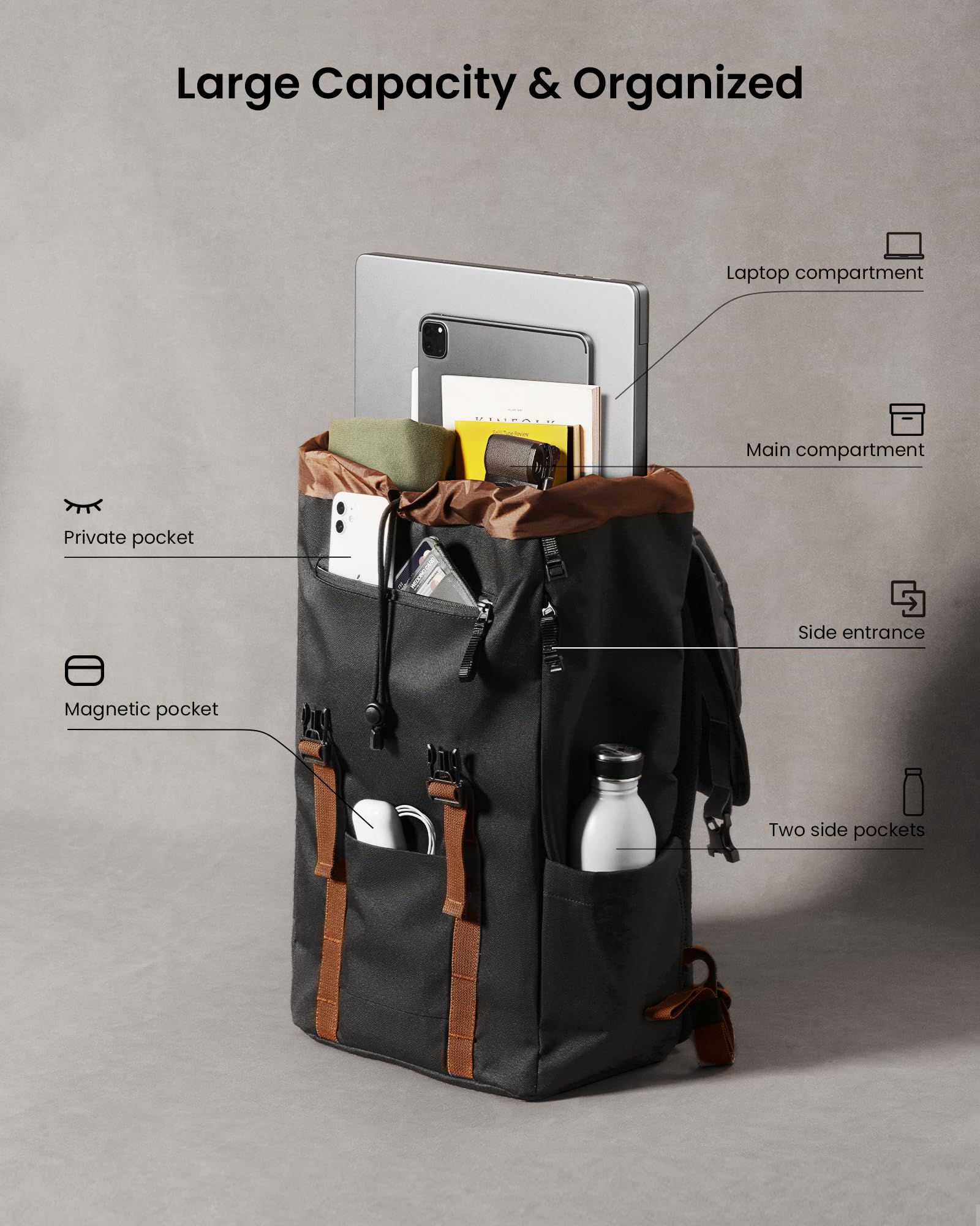 tomtoc Flap Laptop Backpack, Lightweight, Water-Resistant Travel Casual Daypack, Slim Durable Work-pack Rucksack for 13-16 Inch MacBook Laptop, Large Capacity, 17L, Black